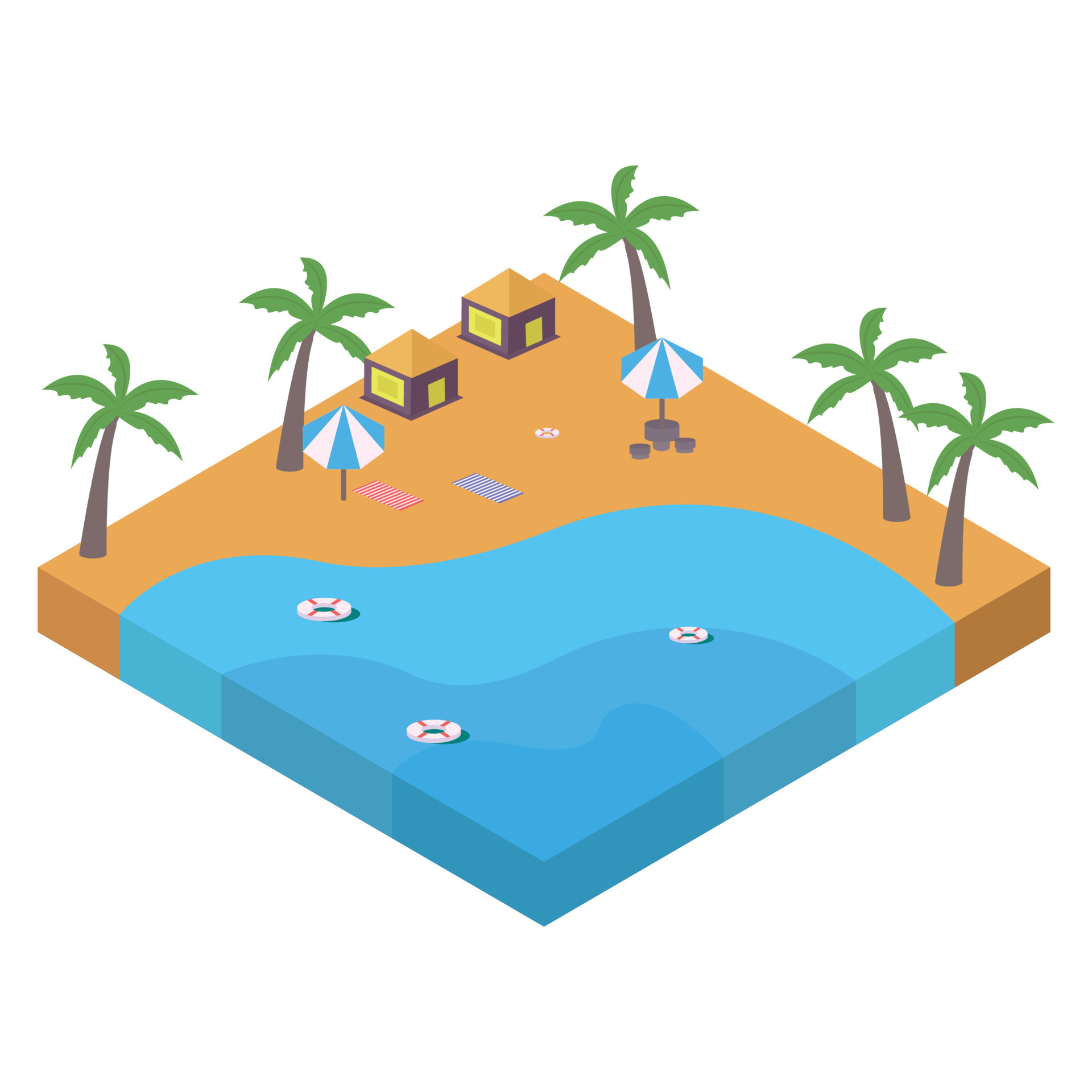 25d Sandy Beach Vector Design With The Coconut Tree And Resort Concept Sandy Beach Vector With