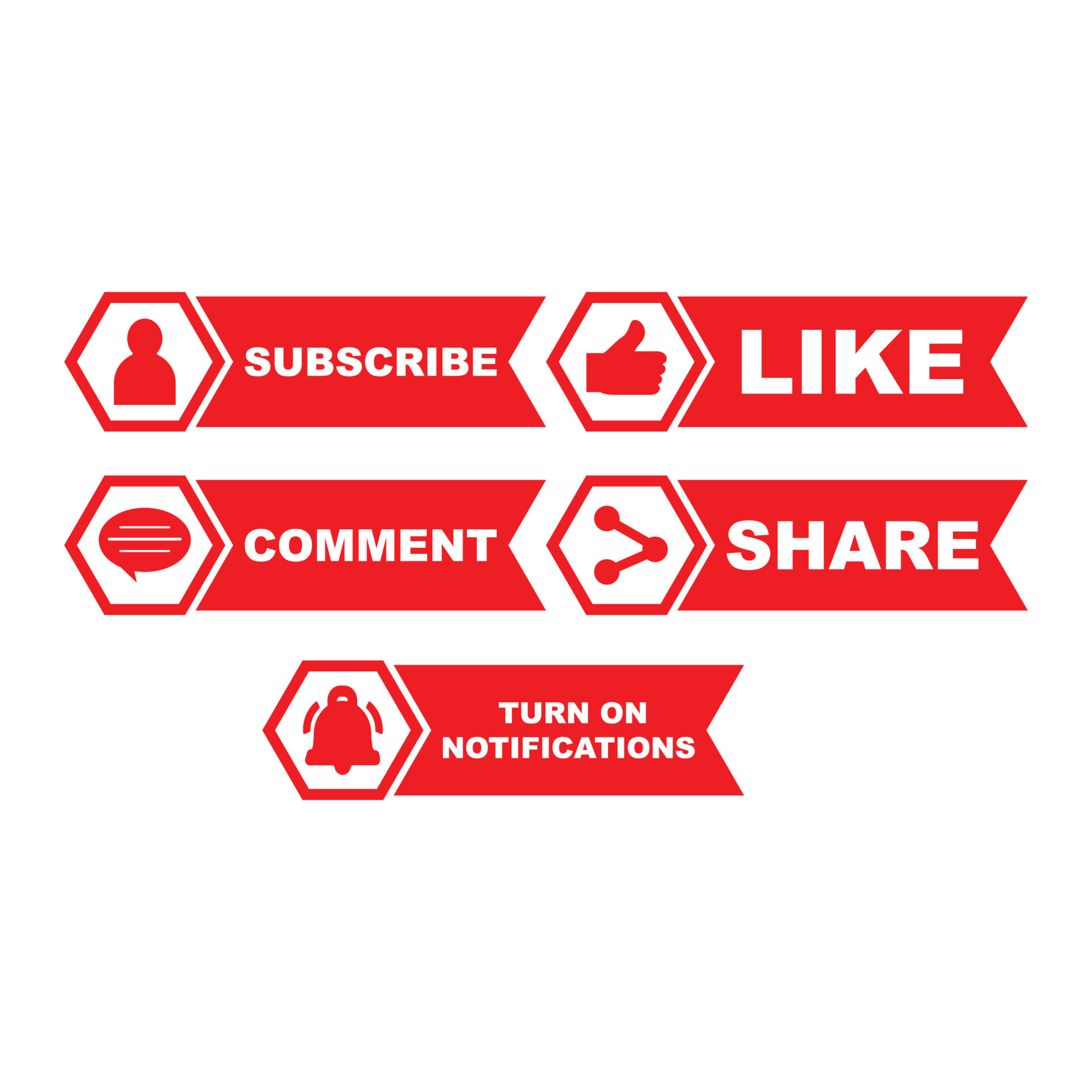 Subscriber button collection with multiple ribbon shapes. Red color button collection with like ...