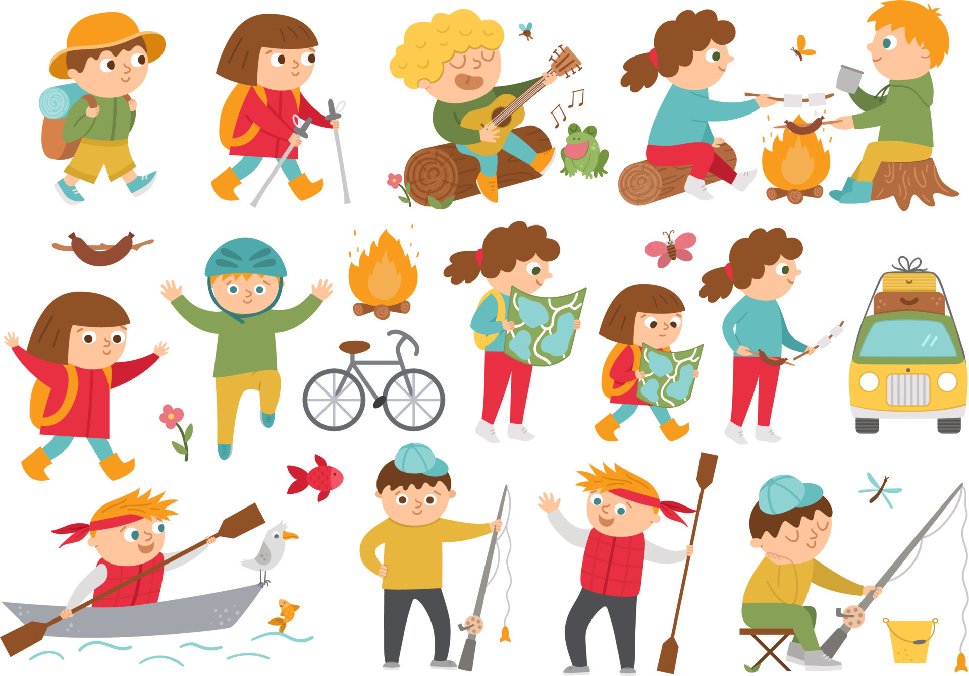 Cute hiking kids doing summer activities. Vector summer camp set ...