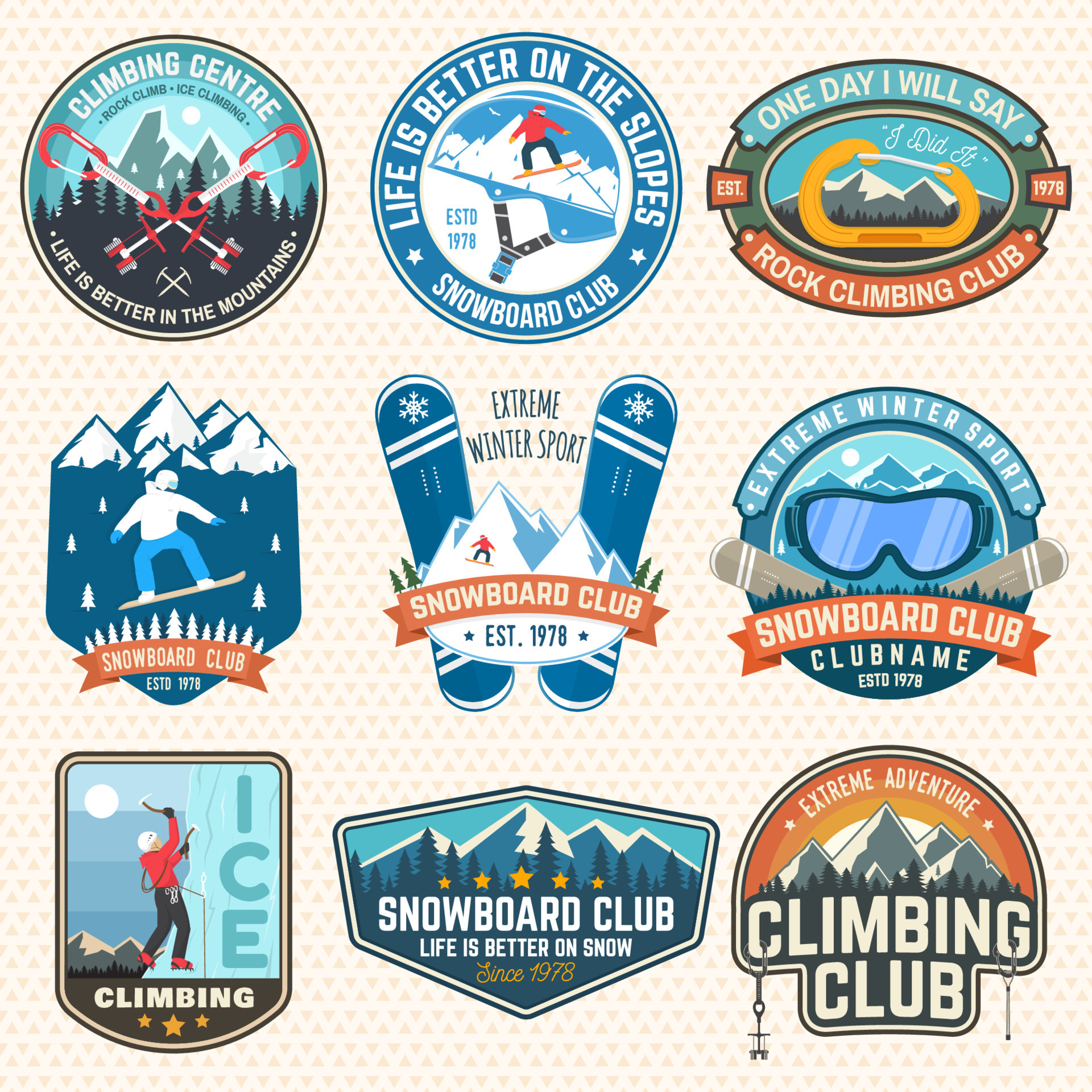 Set of Snowboarding and Rock Climbing club patches. Vector. Concept for ...