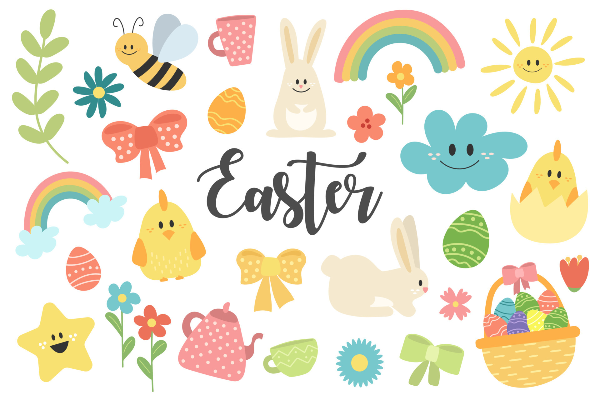 Easter set. Collection of hand drawn spring items for bright easter ...