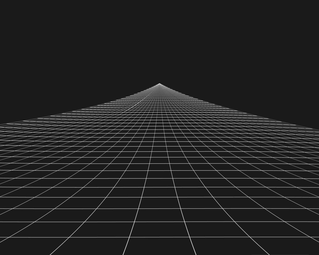 Wireframe perspective grid. White infinity mesh on black background ...
