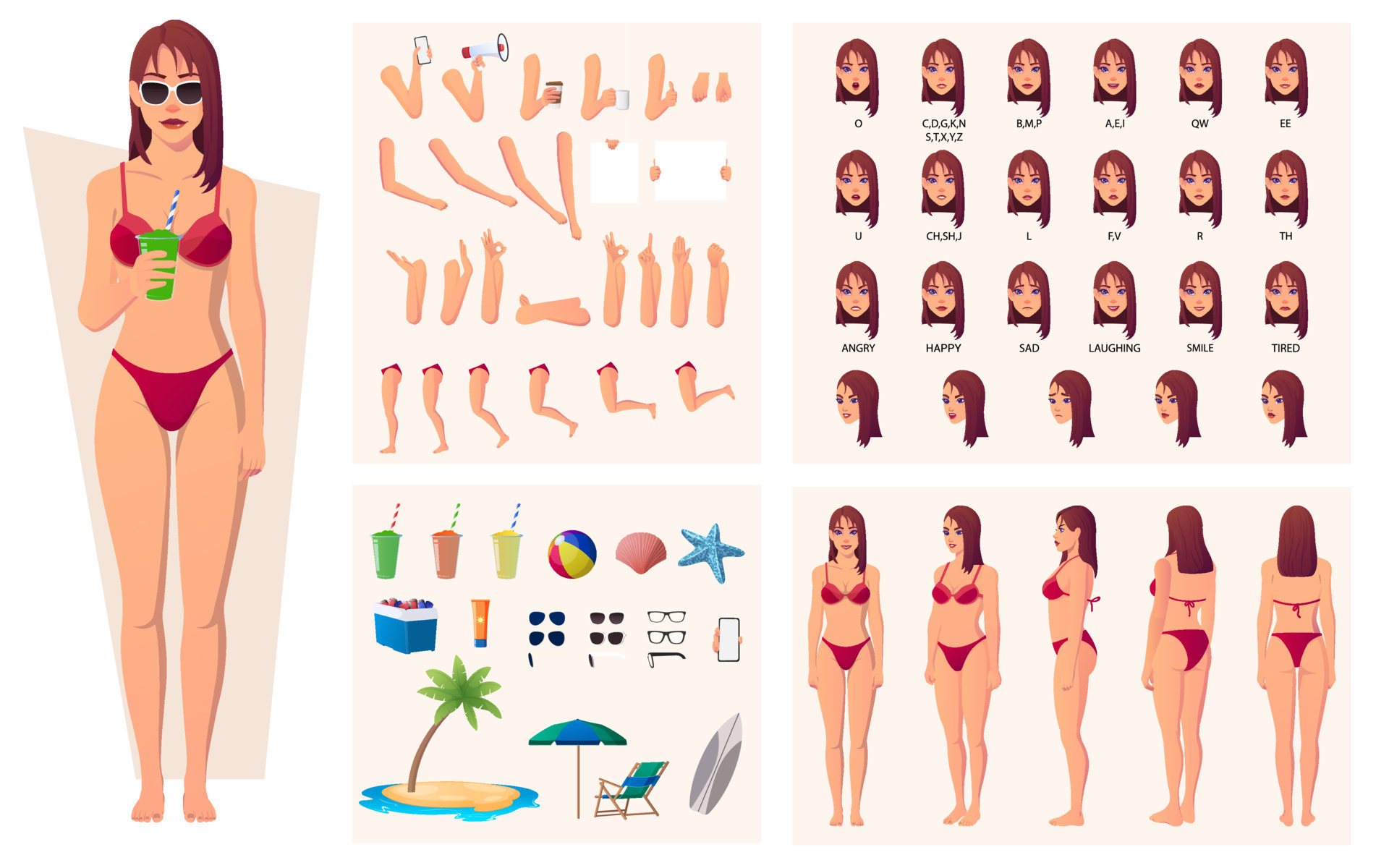 Summer Woman Wearing Bikini Character Constructor With Beach Wear And Lip Sync Side Front And
