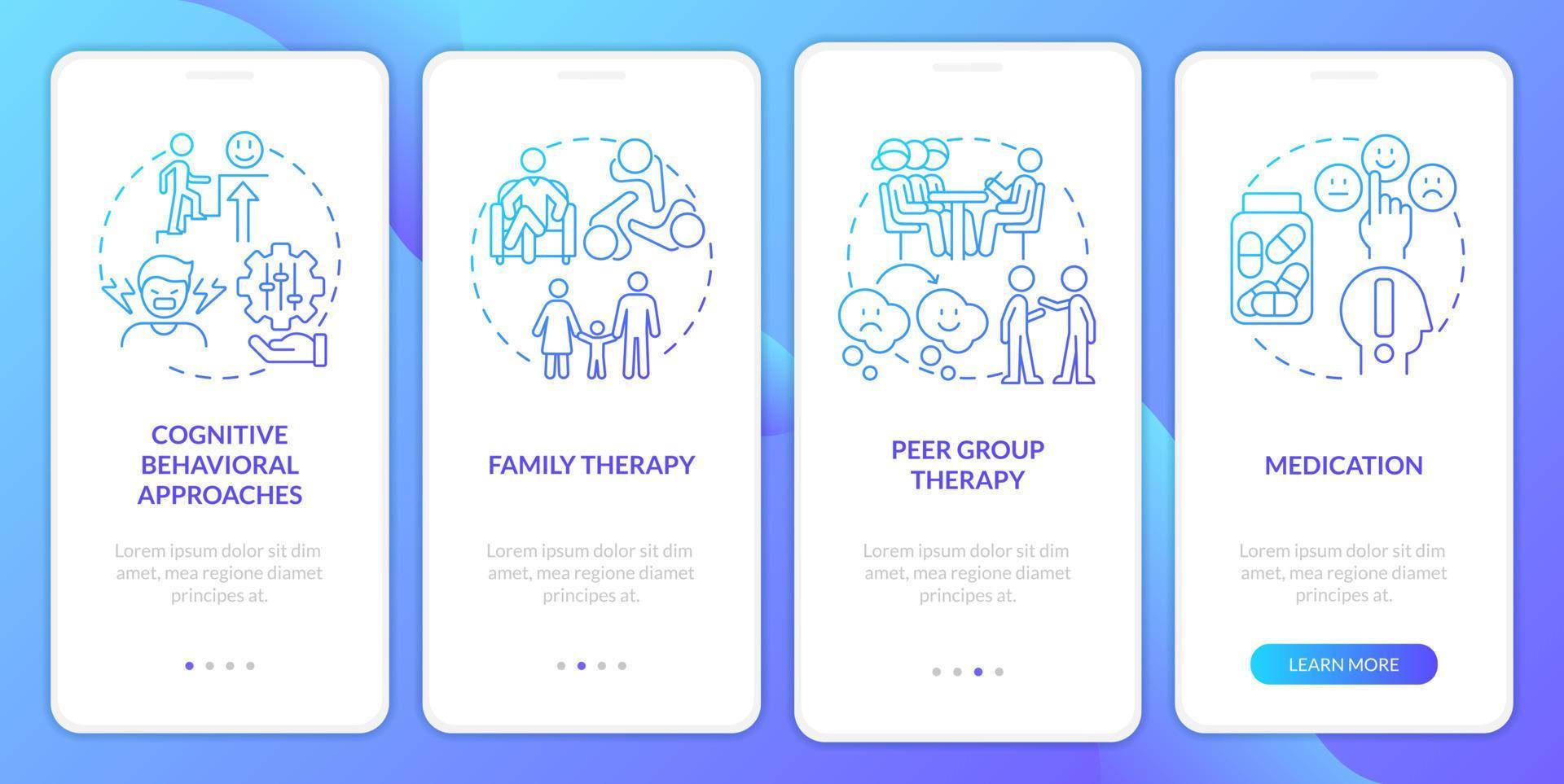 Conduct Disorder Treatment Blue Gradient Onboarding Mobile App Screen Walkthrough 4 Steps