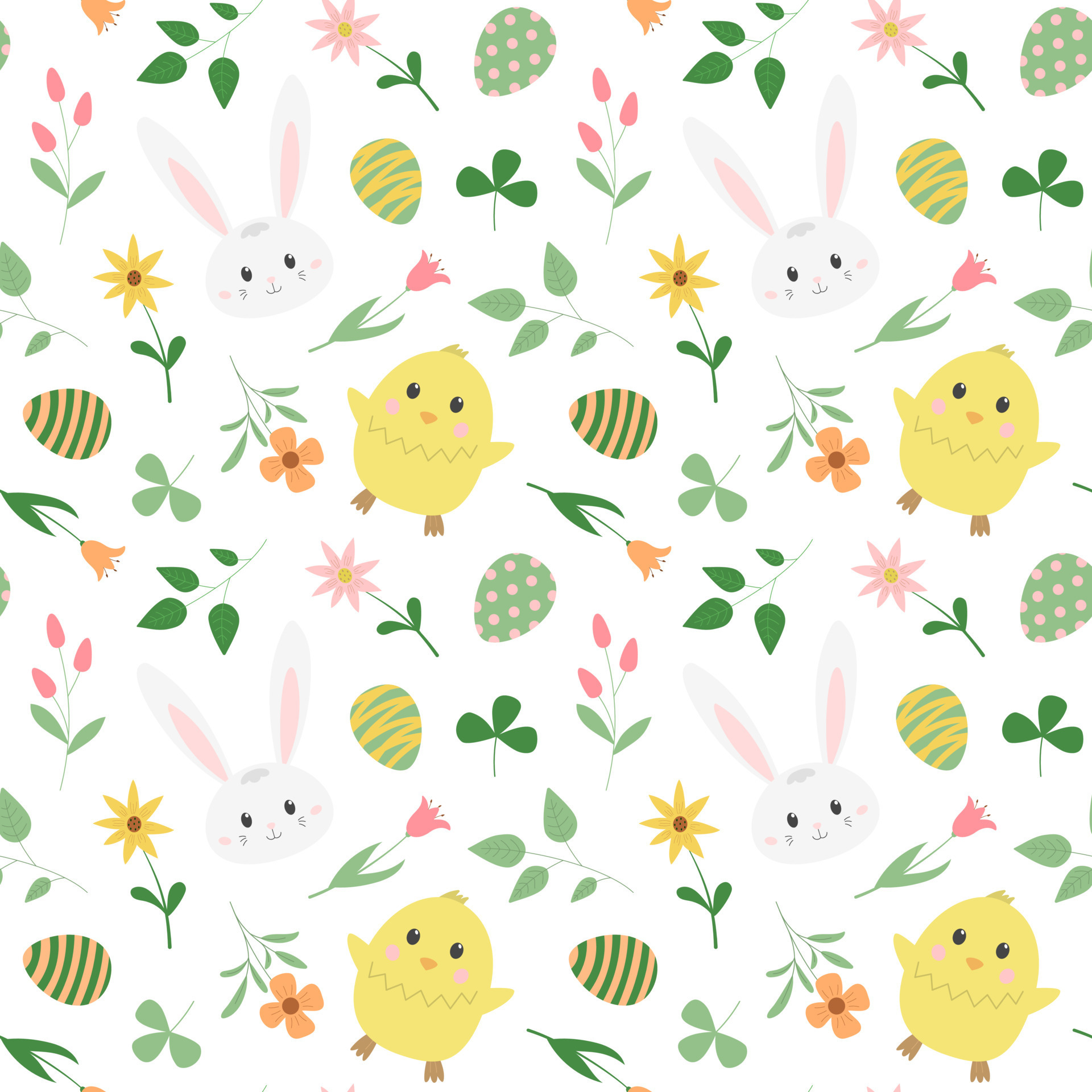 Spring Easter chick and bunny seamless pattern with colored eggs ...