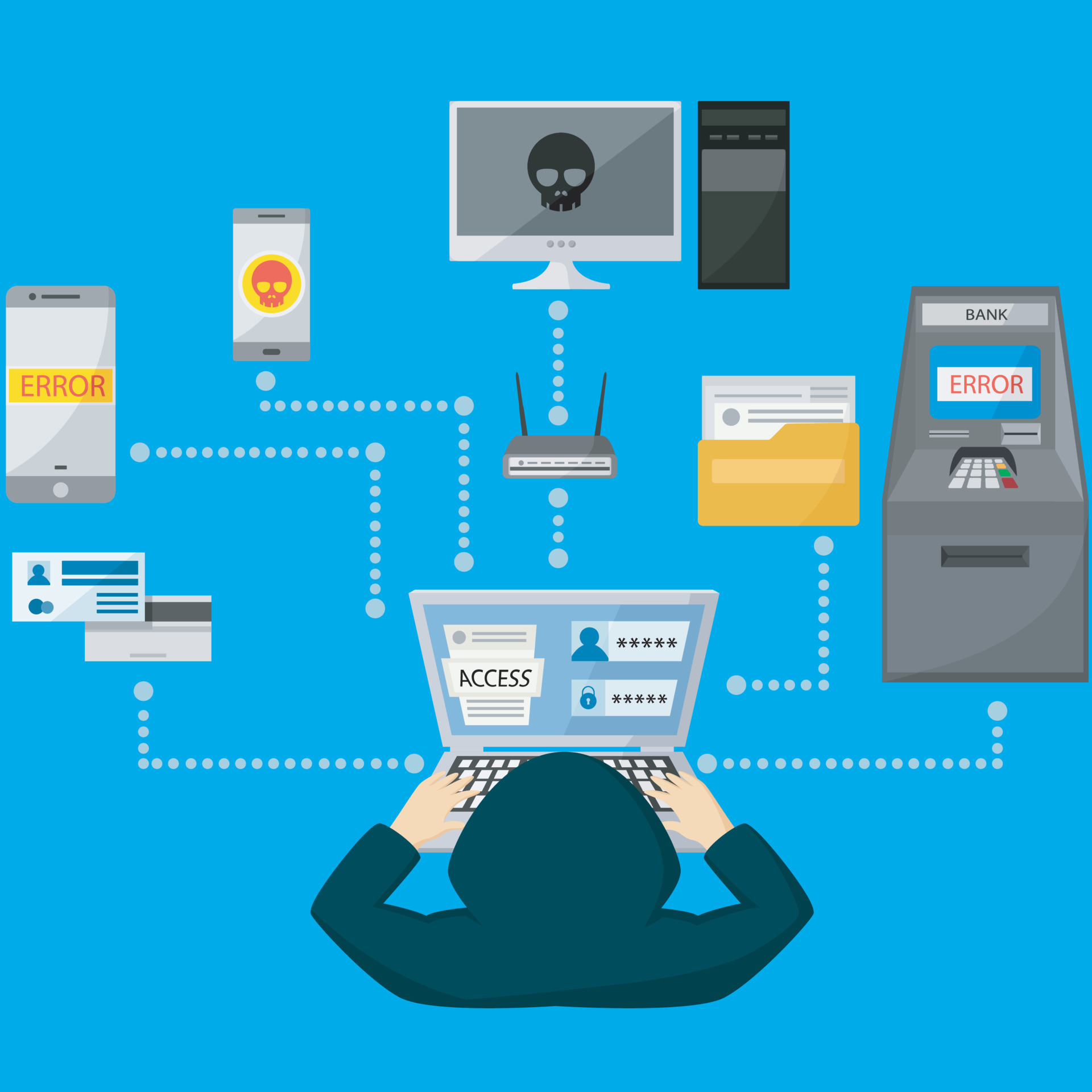 Hacker sitting at table and hacking data through Internet on laptop ...