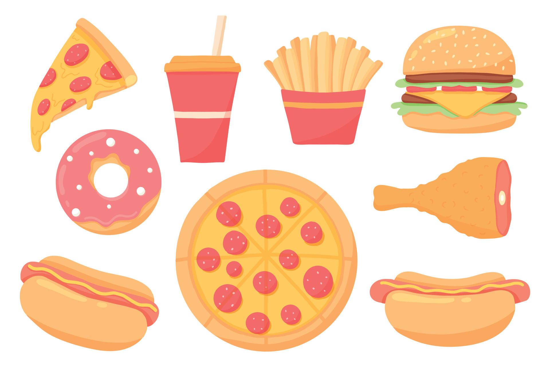 Fast food set. Collection of street food. Pizza, burger, hot dog ...