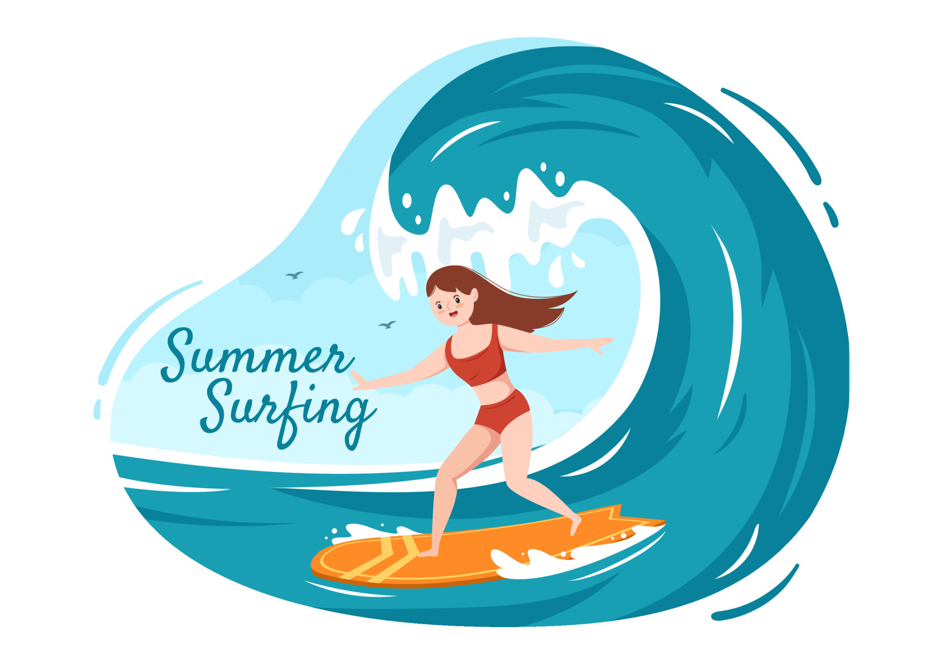 Summer Surfing Of Water Sport Activities Cartoon Illustration With Riding Ocean Wave On