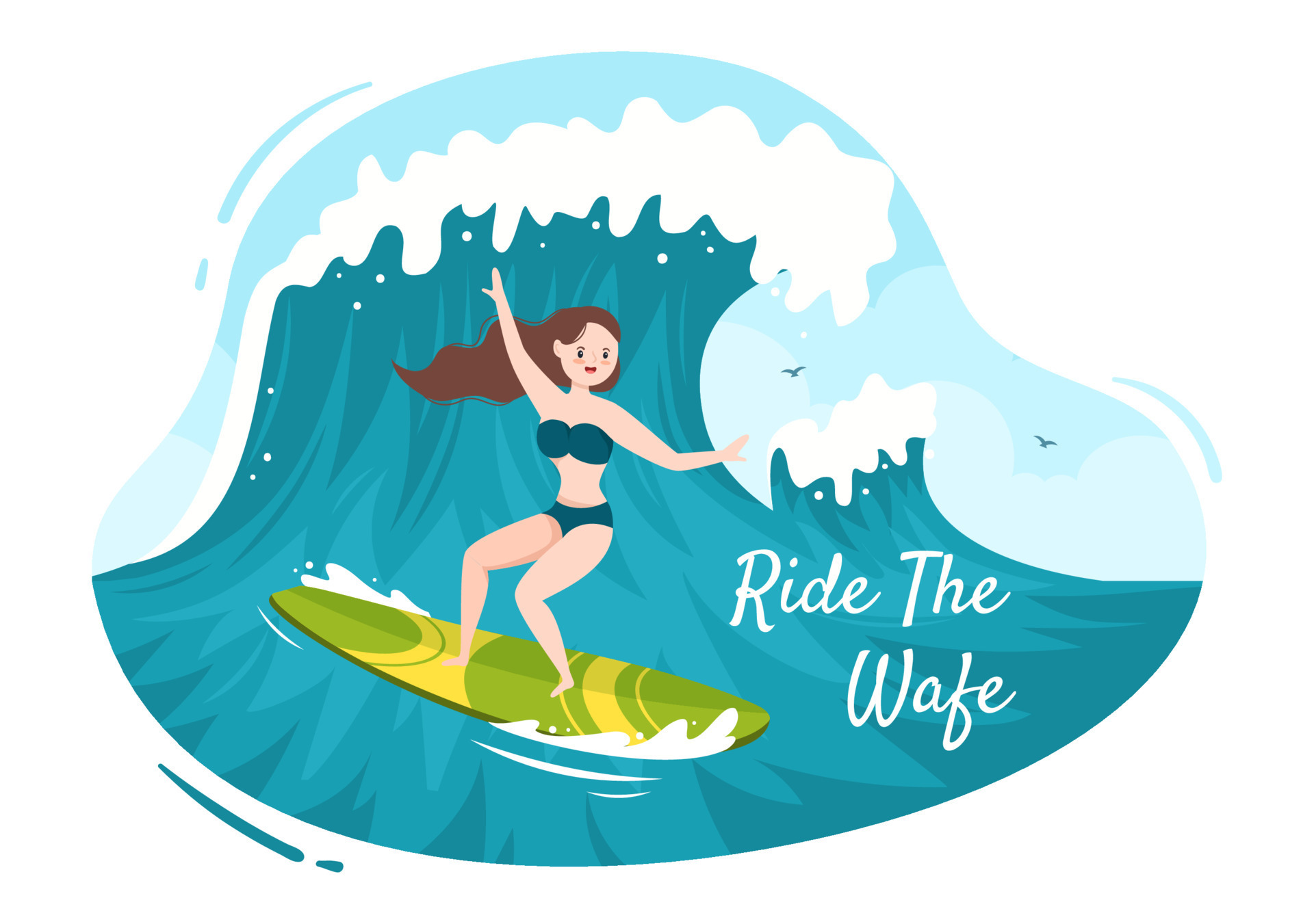 Summer Surfing Of Water Sport Activities Cartoon Illustration With Riding Ocean Wave On