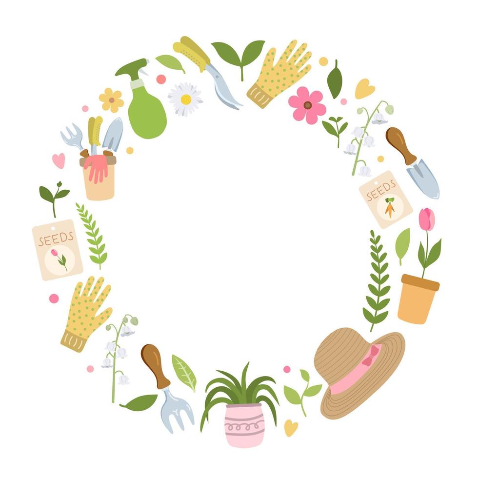 Round wreath, frame with garden tools, clothes, flowers, plants ... Round wreath, frame with garden tools, clothes, flowers, plants ...