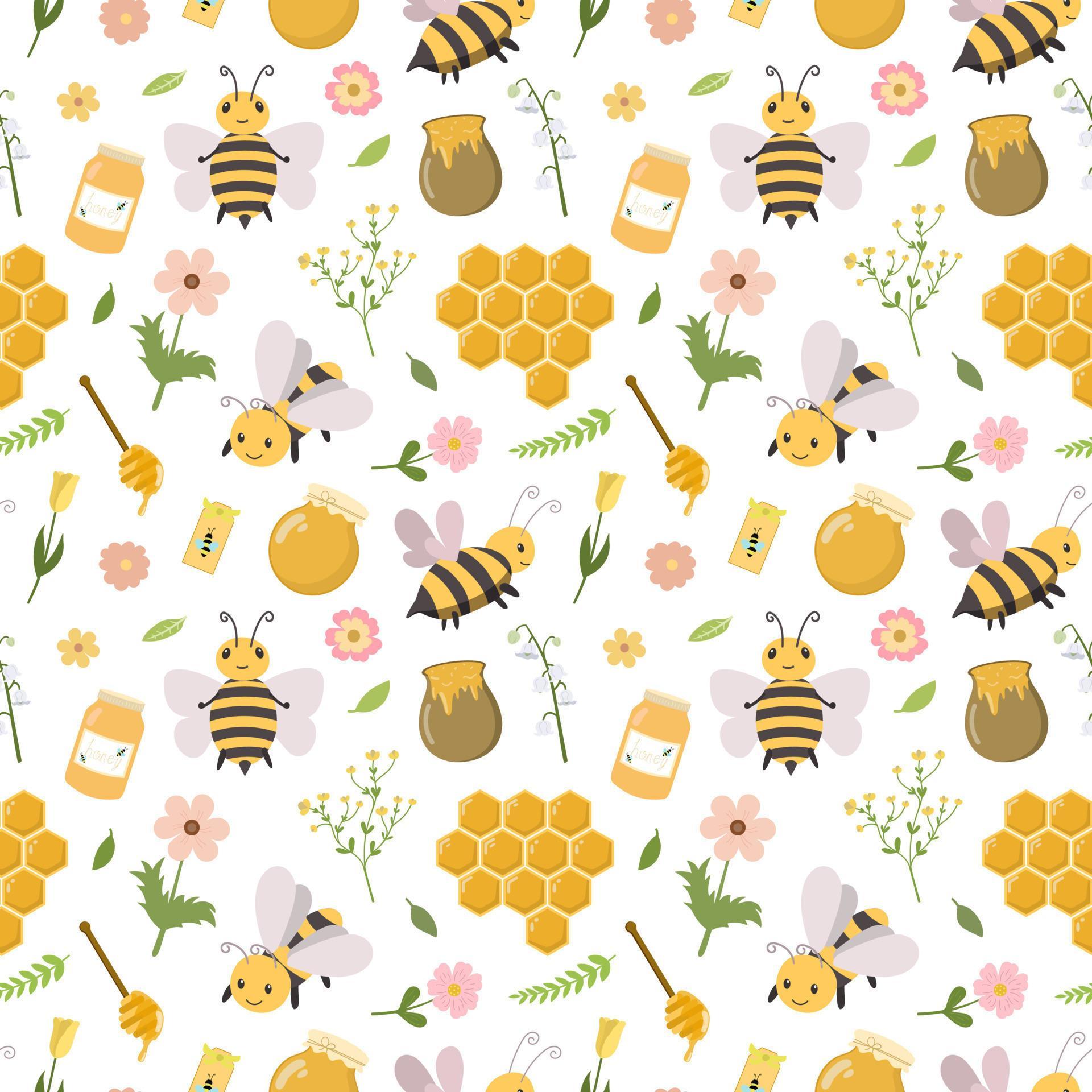 Sweet honey seamless pattern. Cute bees, tasty honey, bee hive ...