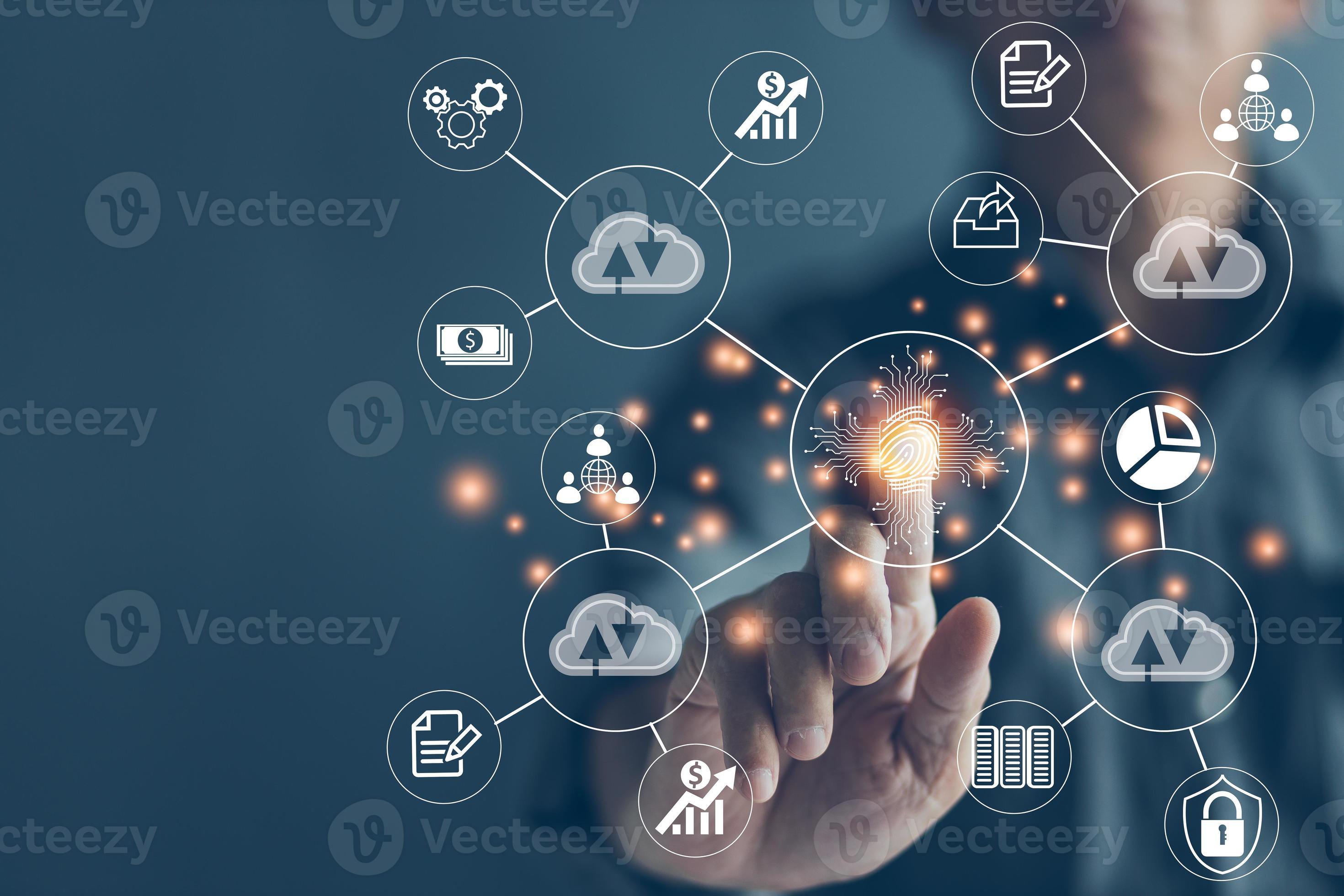 Businessman scanning fingerprints on virtual screen digital information ...