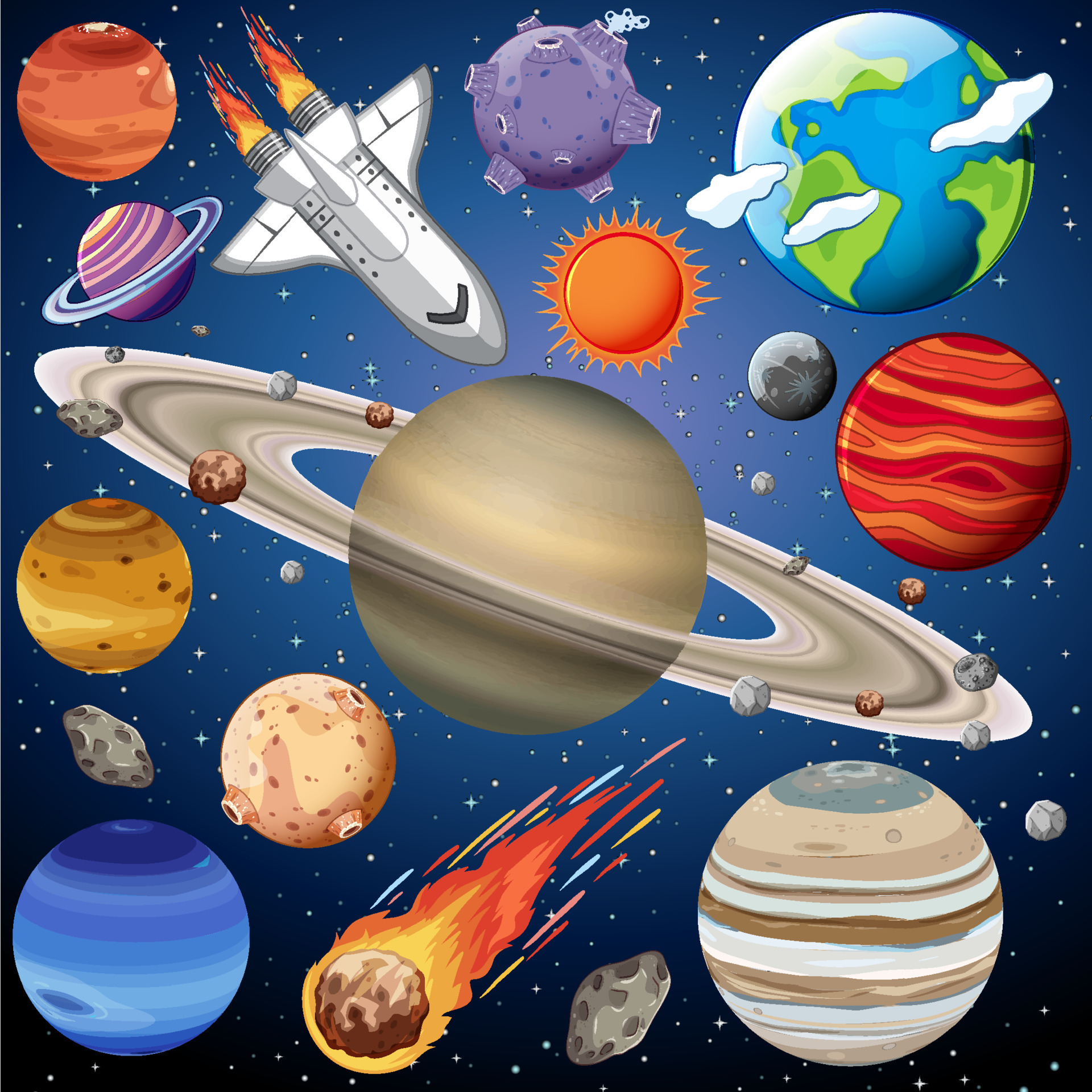 Set of space objects in space 8132345 Vector Art at Vecteezy