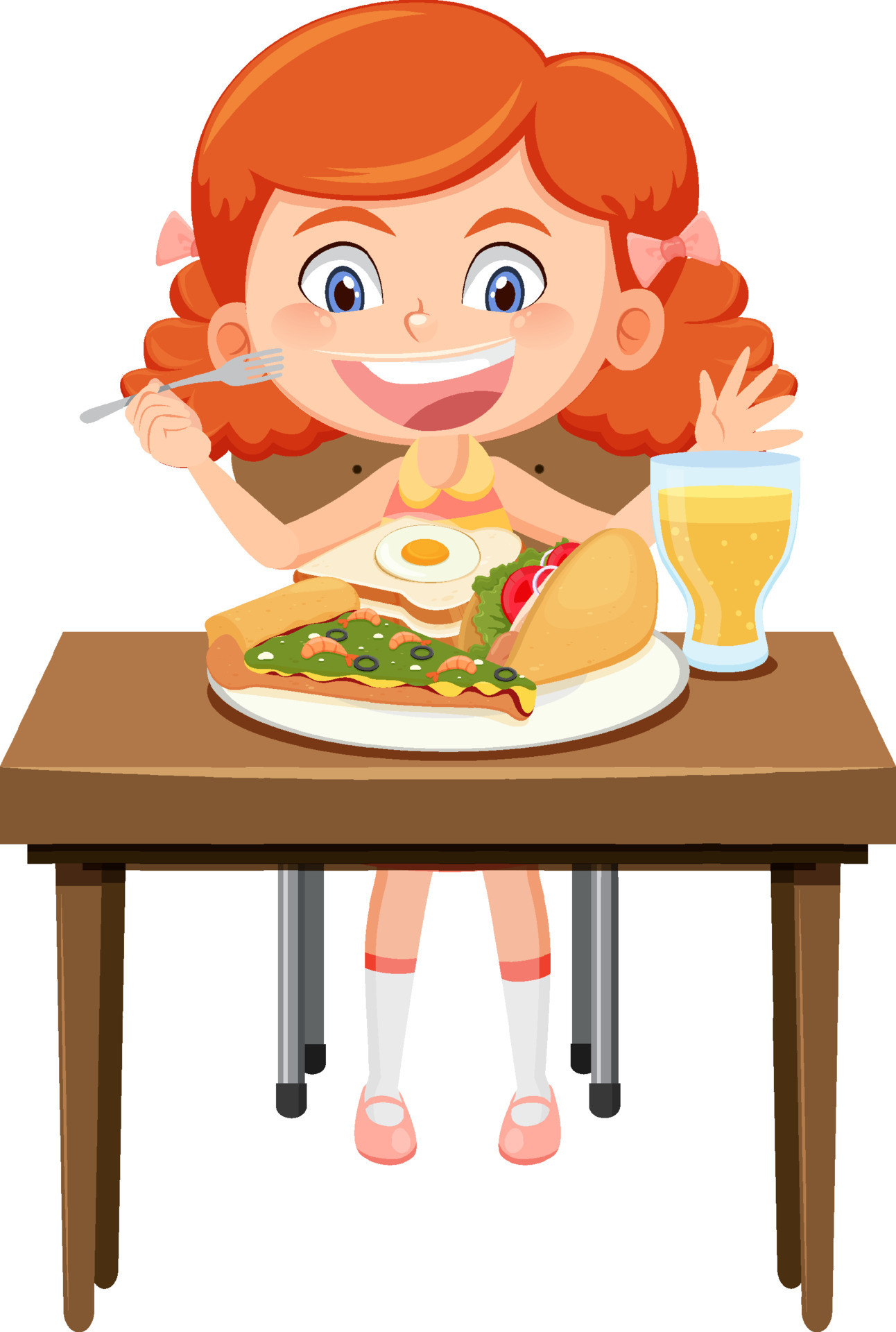 Niña Feliz Disfruta Comiendo Comida En La Mesa 8137748 Vector En Vecteezy