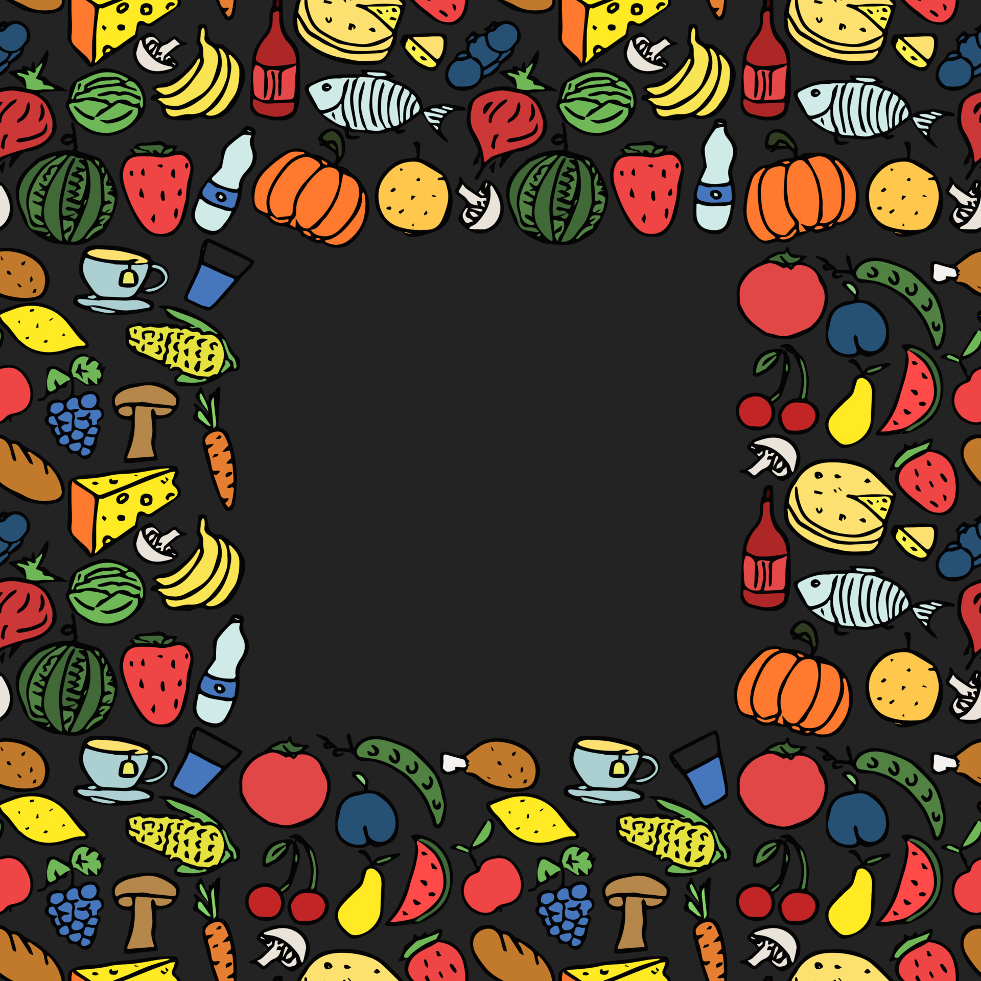 Seamless food pattern. Doodle pattern with food icons and place for ... Seamless food pattern. Doodle pattern with food icons and place for ...