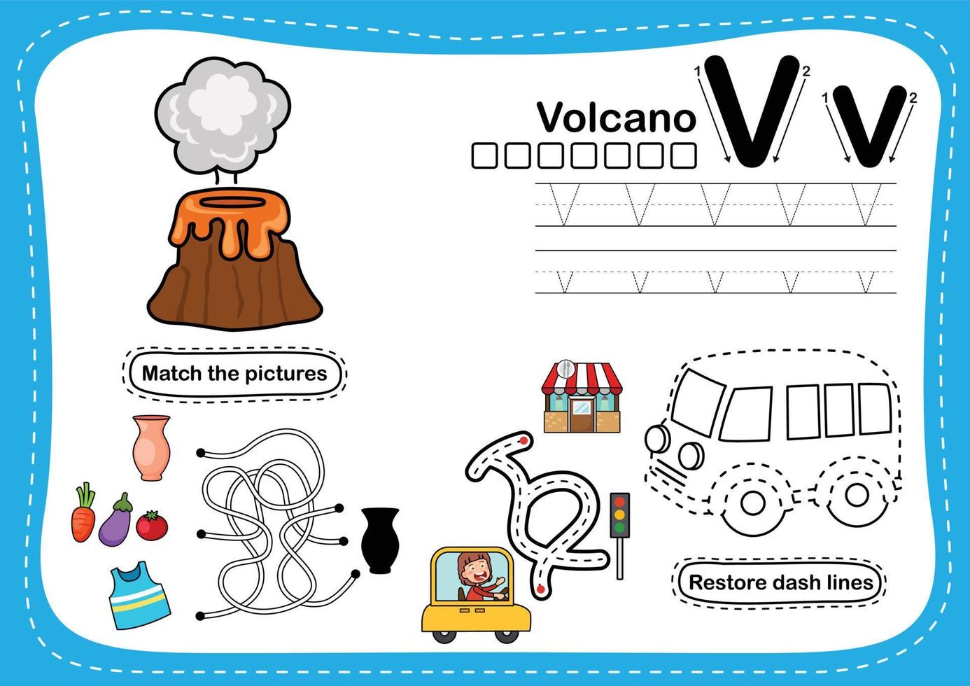 Alphabet Letter V - Volcano exercise with cartoon vocabulary ...