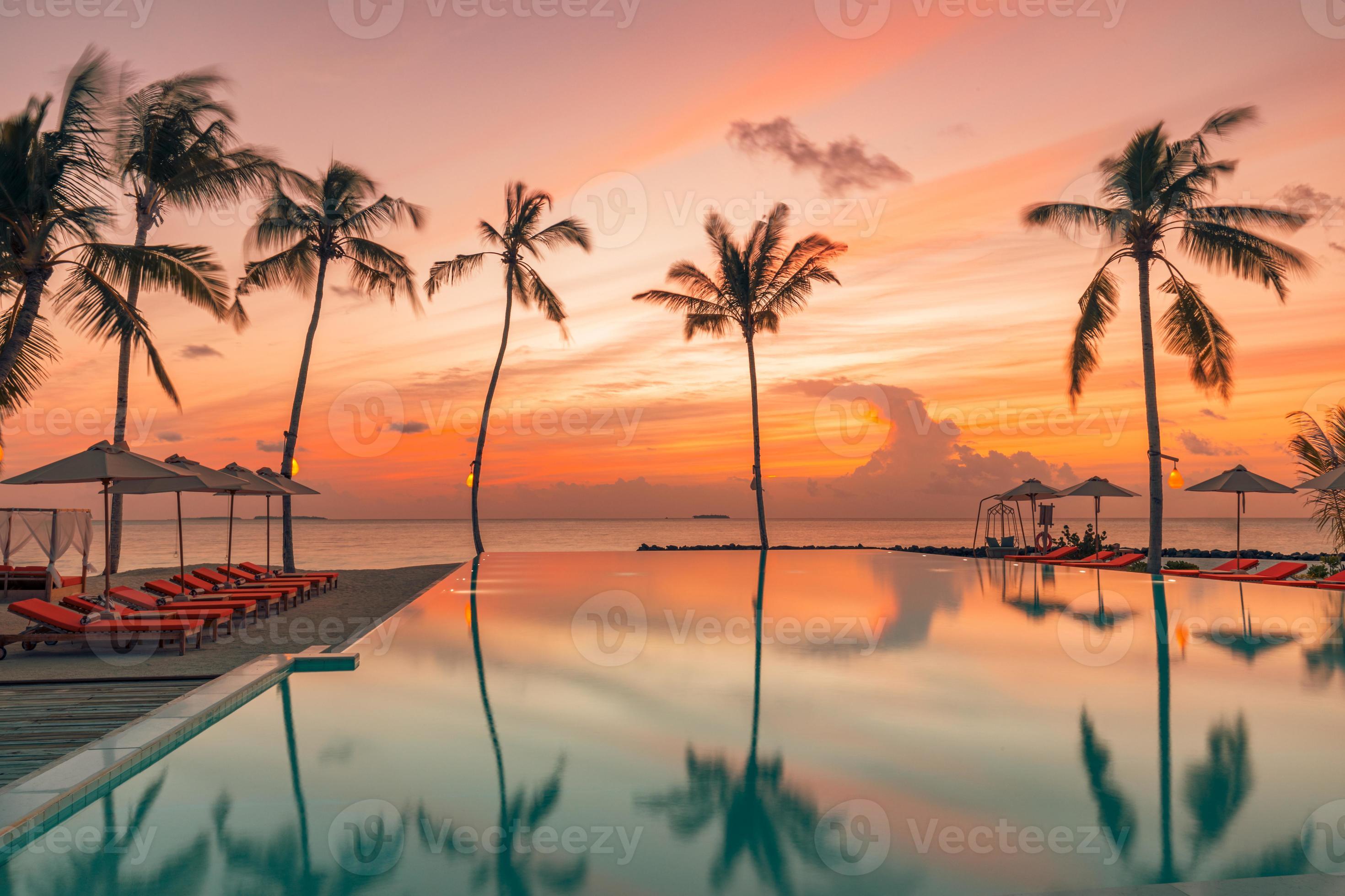Perfect Beach Sunset Relaxation Pool In A Luxurious Beachfront Hotel