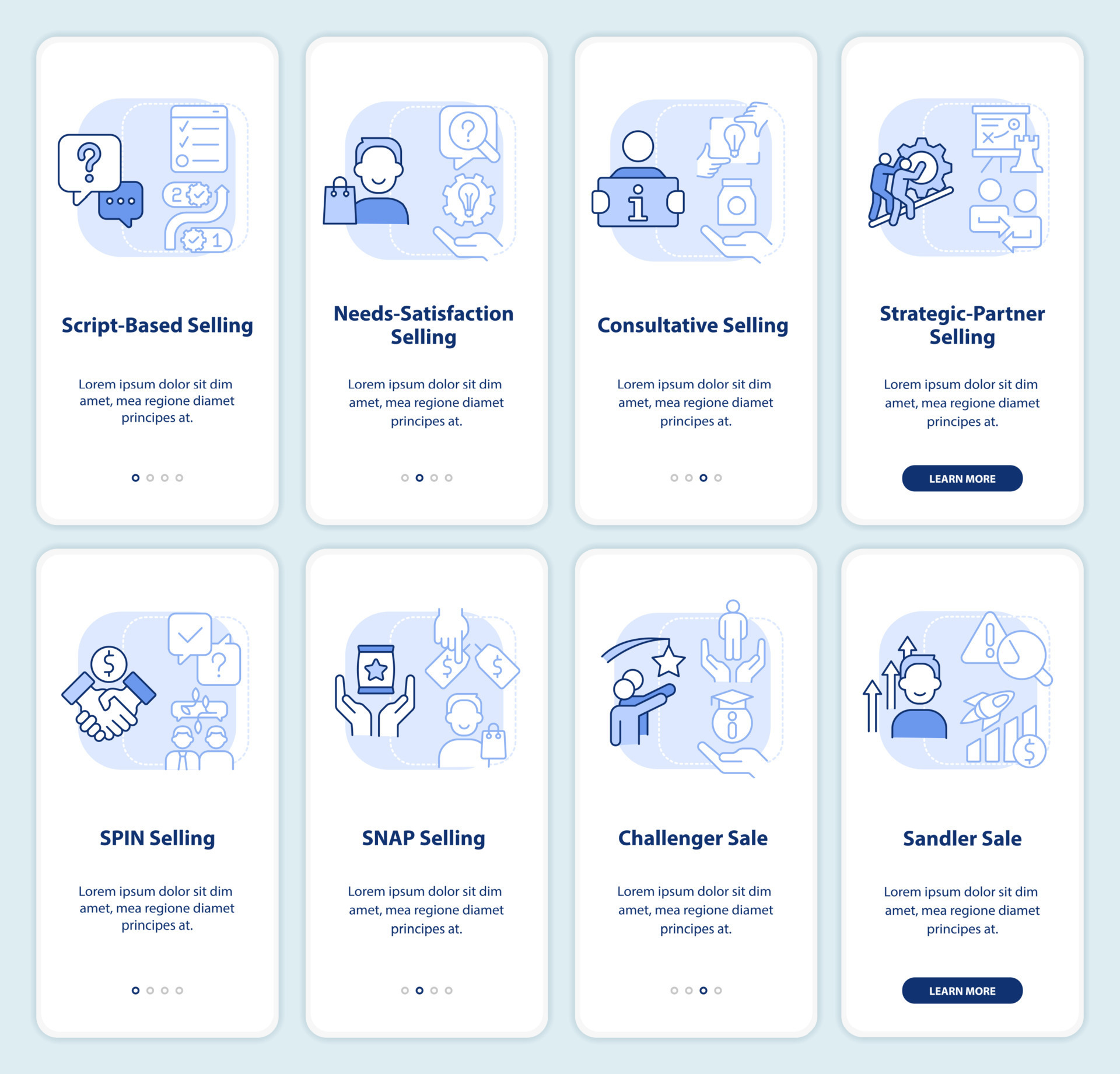 Selling Principles Light Blue Onboarding Mobile App Screen Set