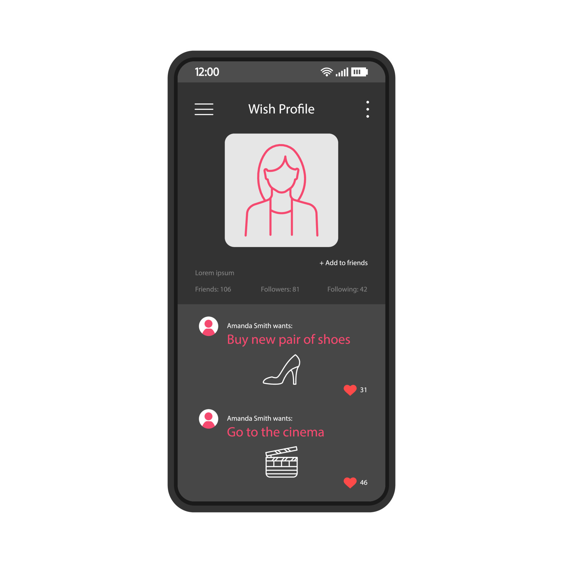 Female Wish Profile Smartphone Interface Vector Template Plans