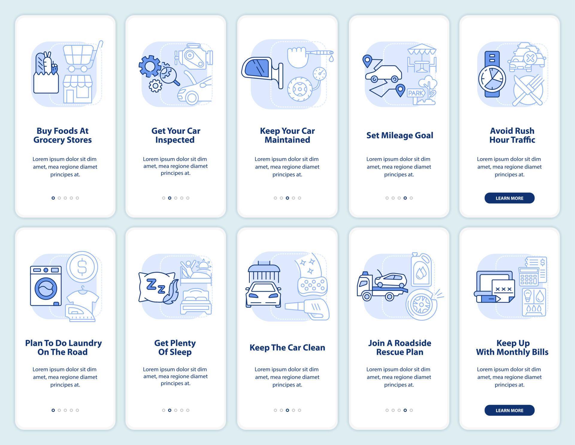 Road Trip Planning Light Blue Onboarding Mobile App Screen Set Walkthrough 5 Steps Editable