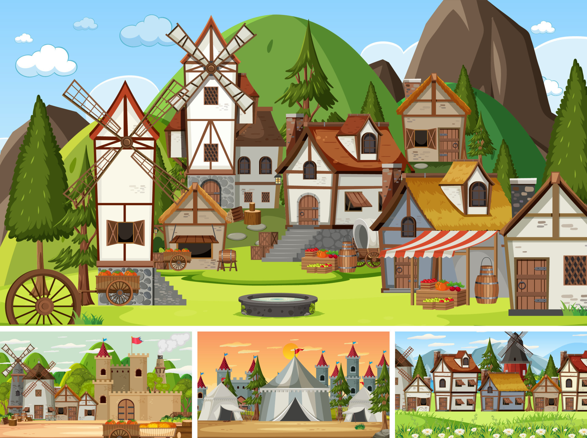 Set of different scene medieval 8188184 Vector Art at Vecteezy