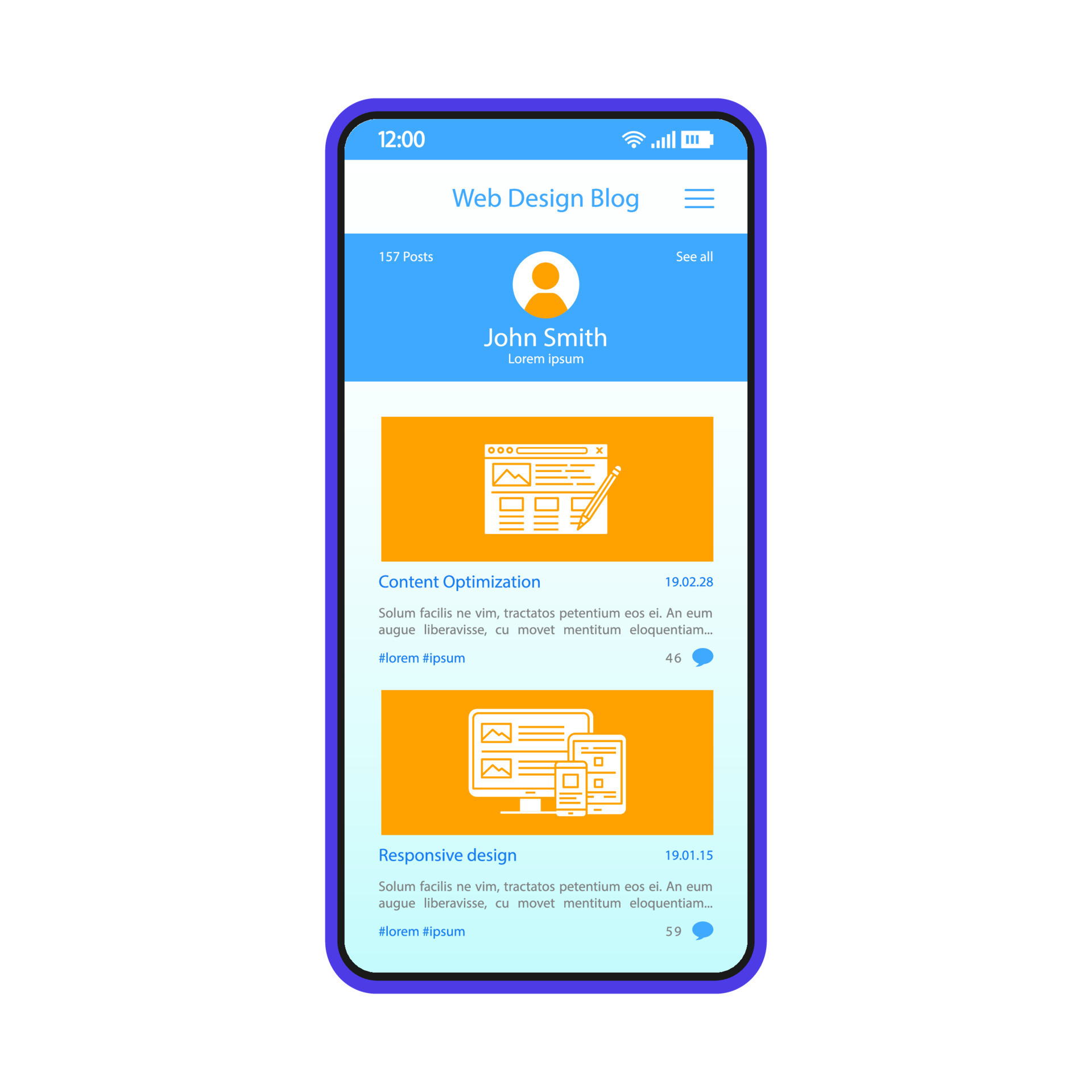 Blogging app smartphone interface vector template. Mobile page blue ...