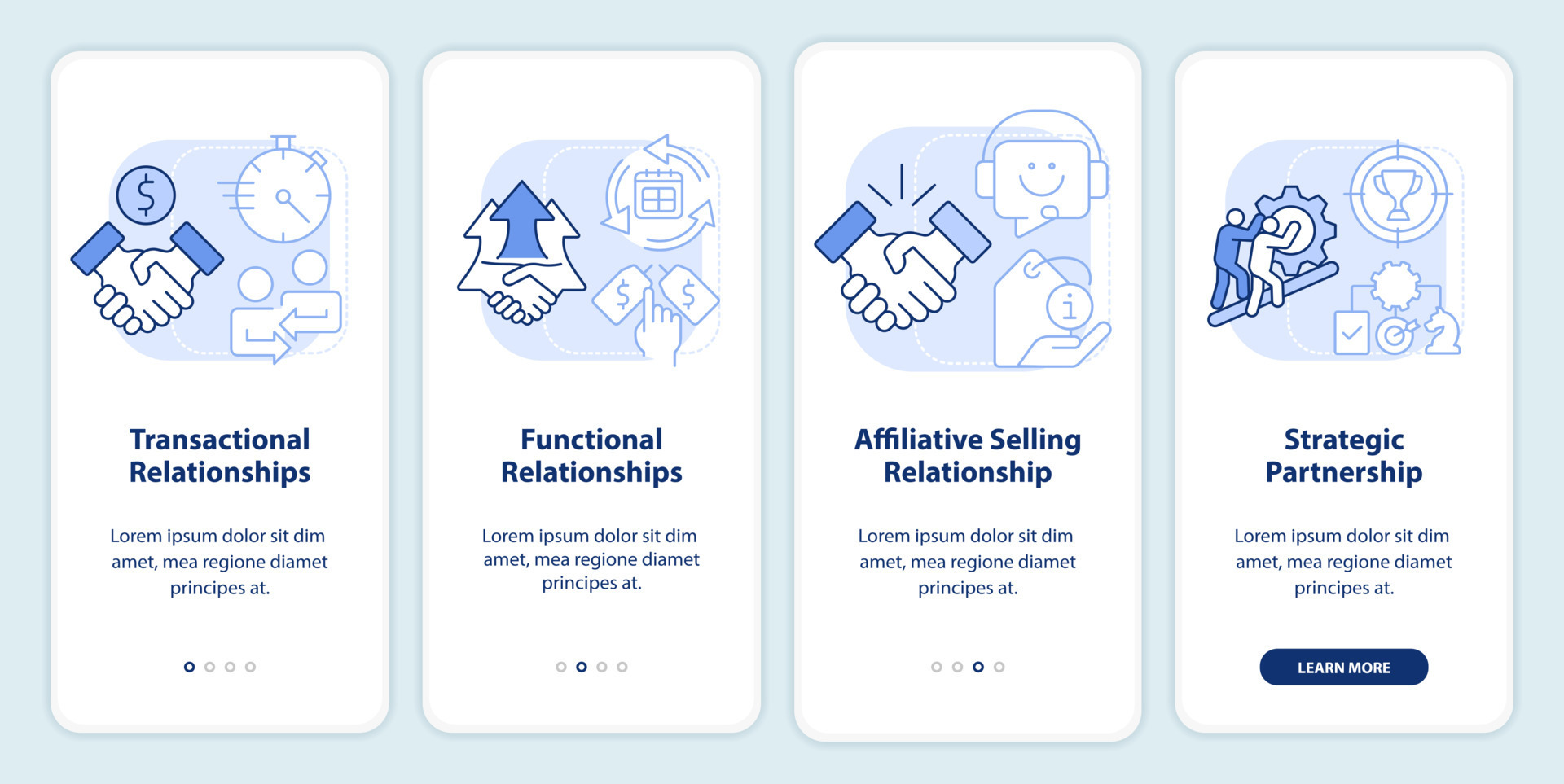 Types Of Sales Relationships Light Blue Onboarding Mobile App Screen Walkthrough 4 Steps
