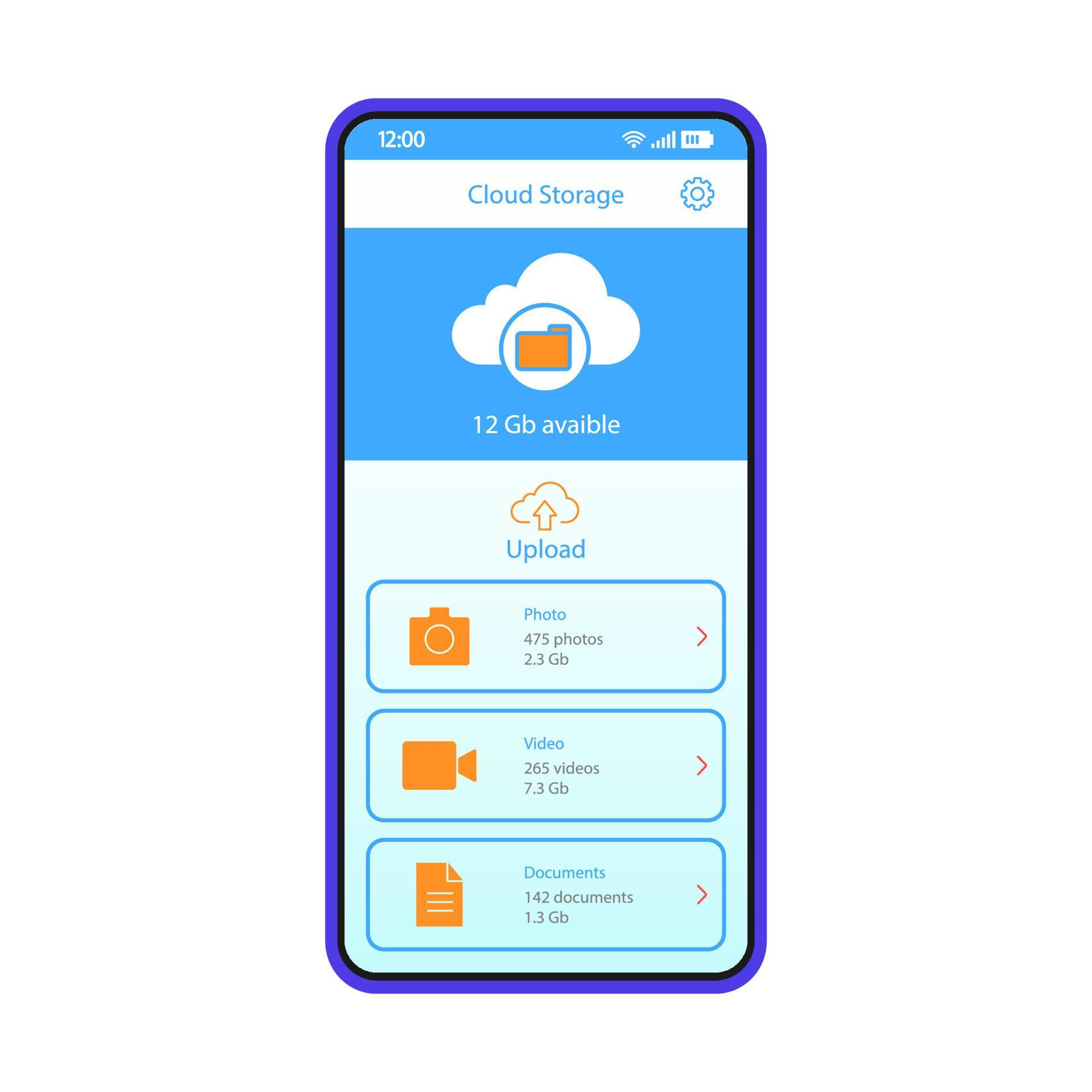 Cloud storage app smartphone interface vector template. Mobile page blue design layout. Data ...