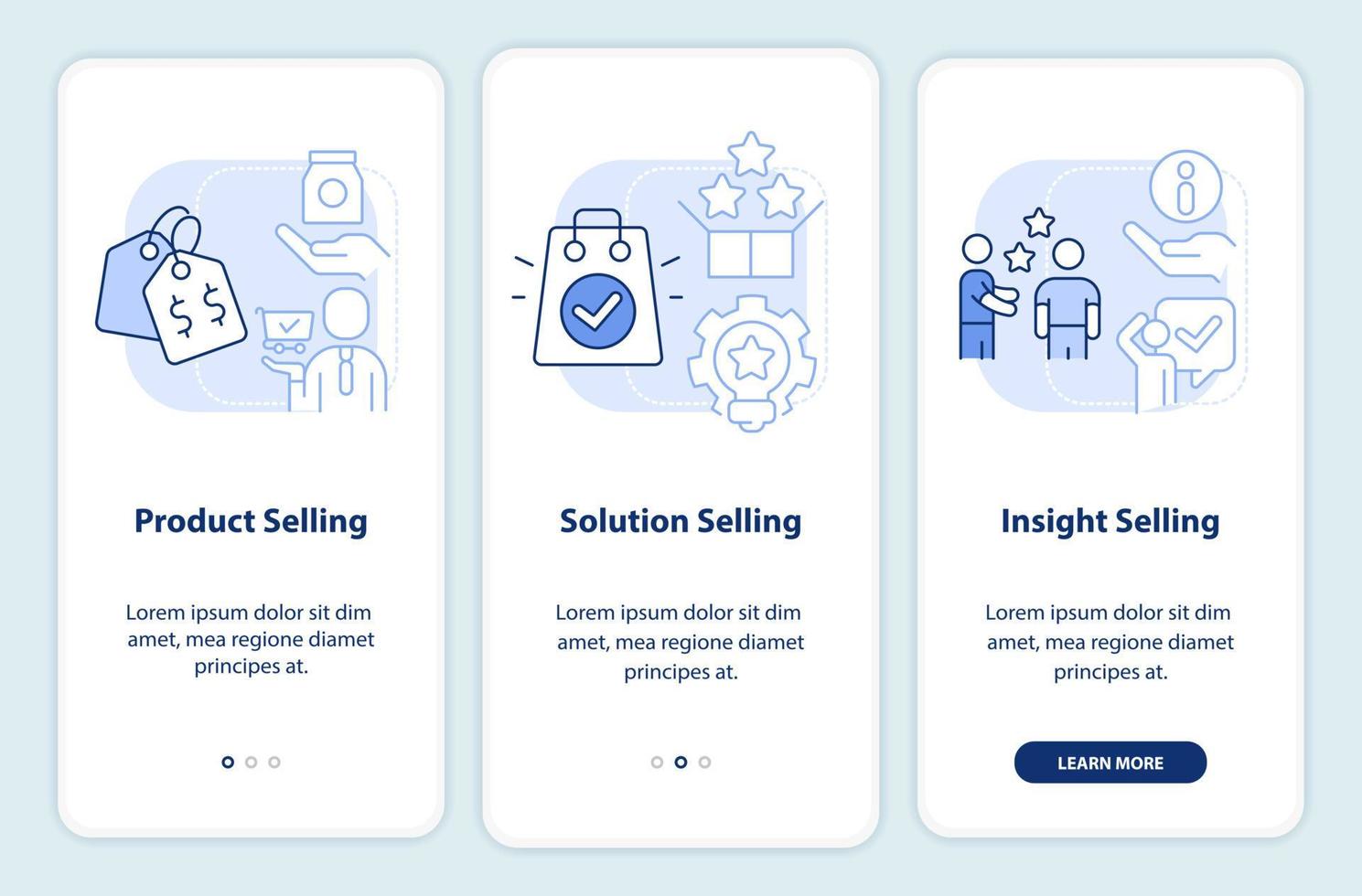 Selling Techniques Light Blue Onboarding Mobile App Screen Sales Walkthrough 3 Steps Editable