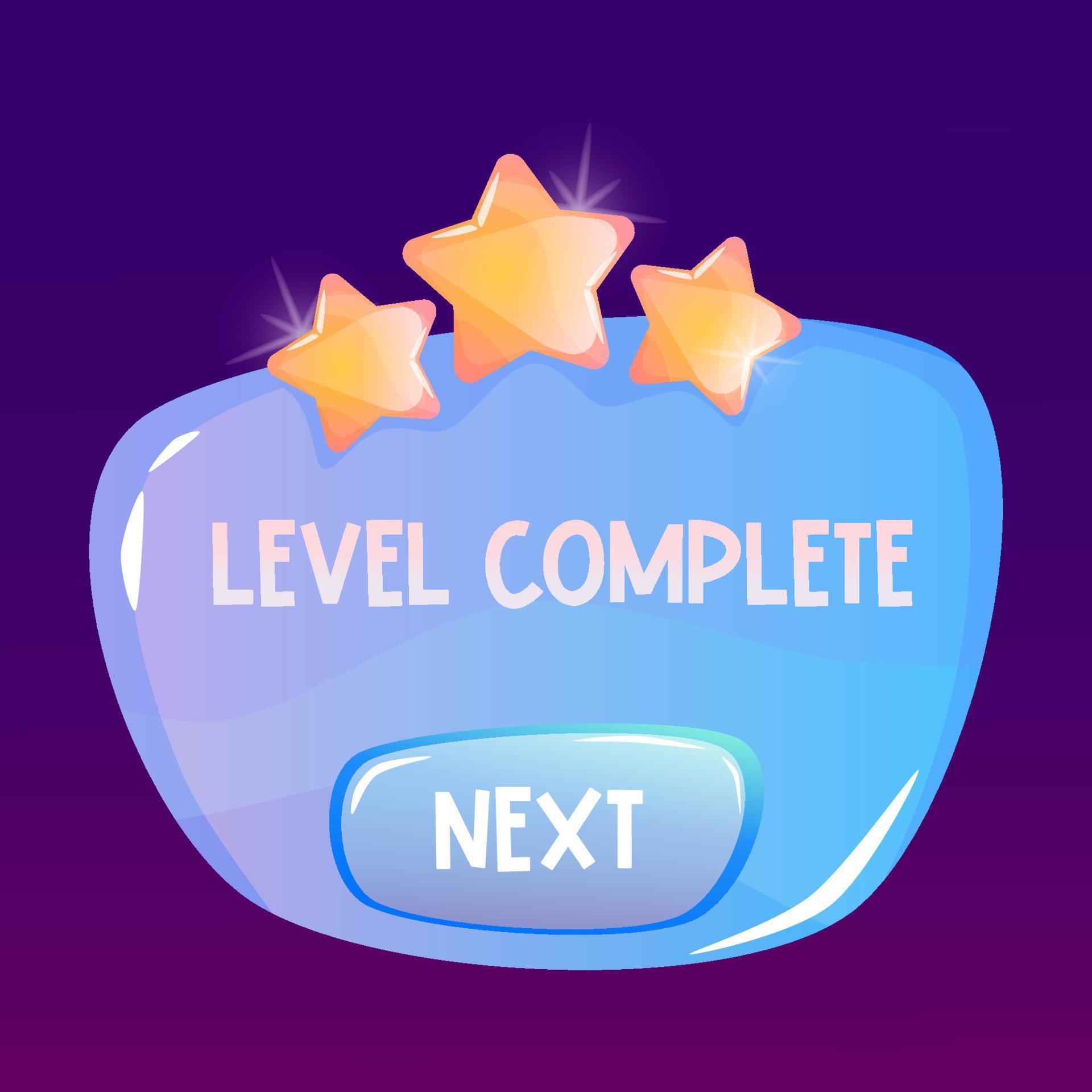 Level is completed on the panel for the game ui interface. Screen with achievements and stars ...