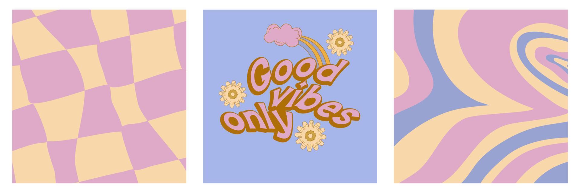 Set groovy retro poster with flower, quotes and abstract. Hippie slogan ...