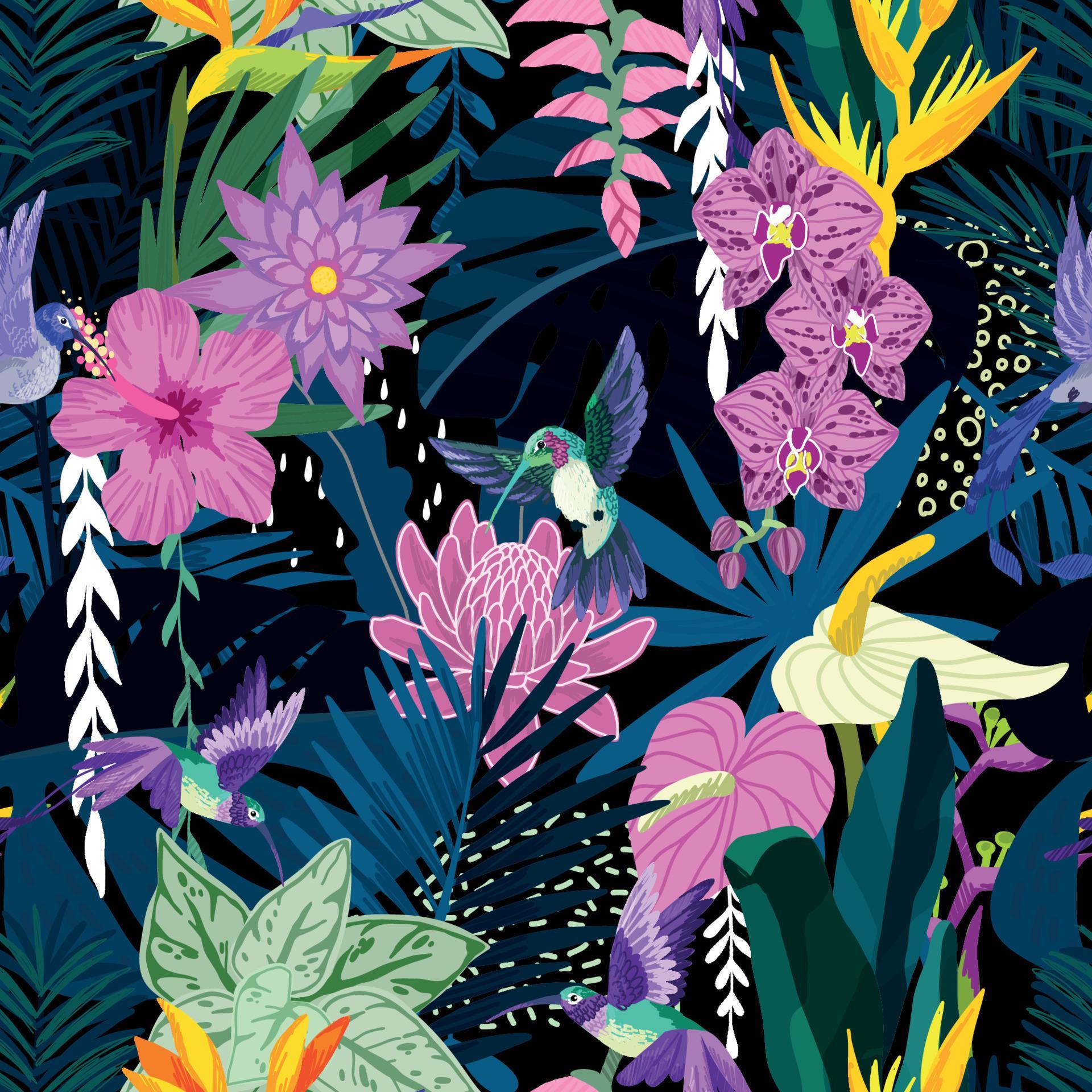 Tropical seamless pattern with hummingbirds and orchid flowers. 8213272 ...