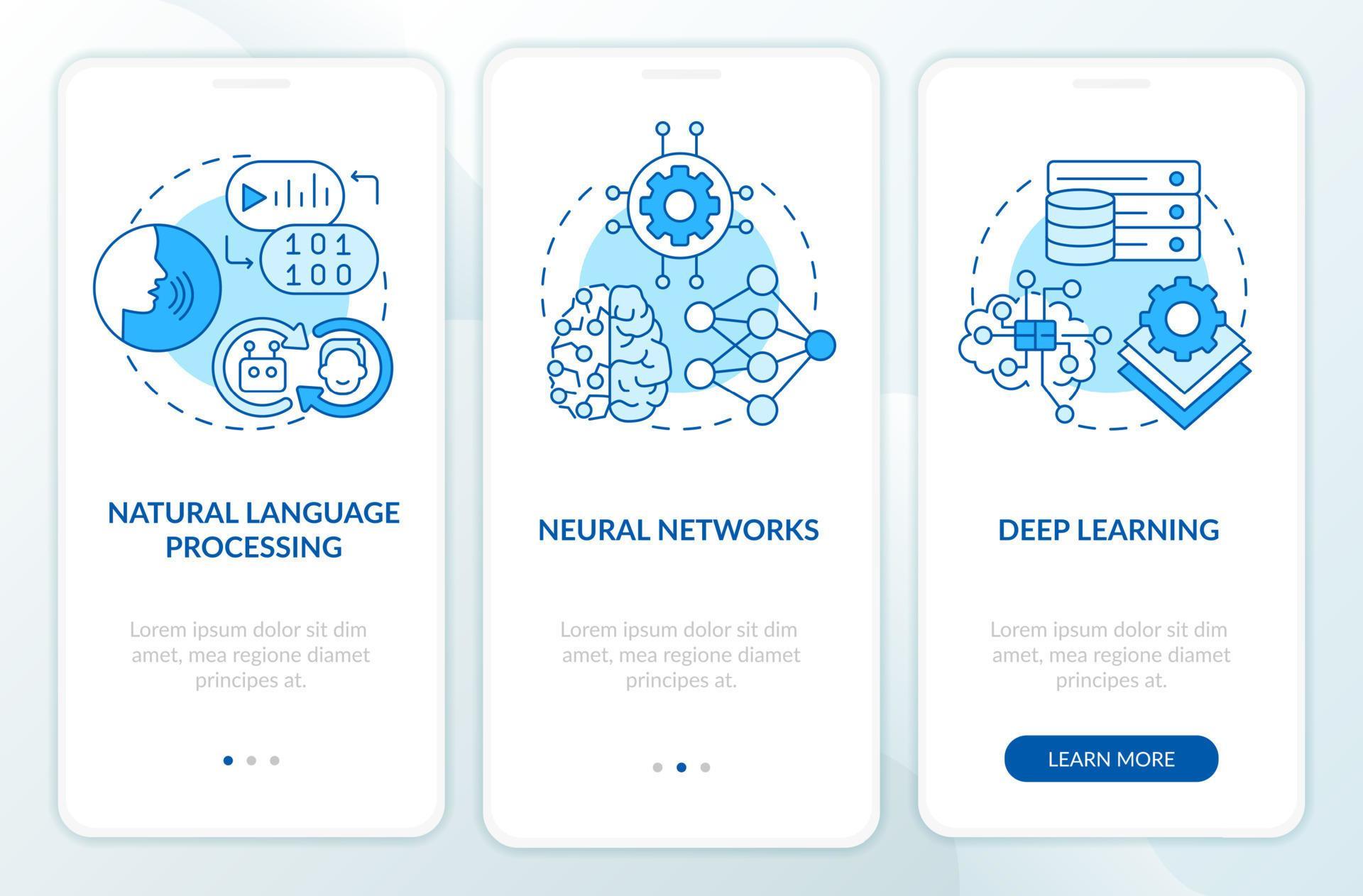Fields of machine learning blue onboarding mobile app screen ...