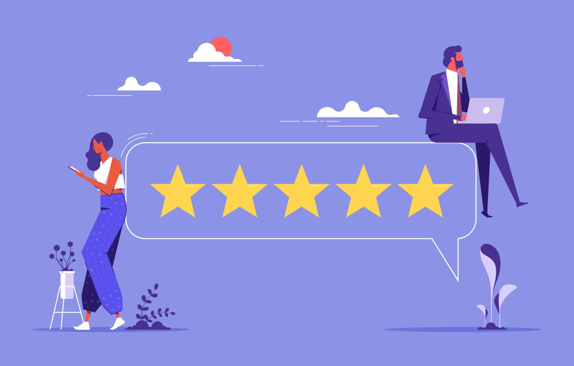 People Characters Giving Five Star Feedback, vector customer review concepts, reviews stars with ...