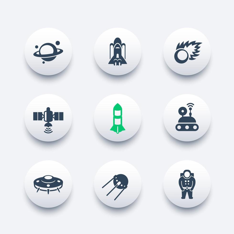 Space icons set, rocket, asteroid, UFO, astronaut, satellite, space probe, shuttle, spaceship ...