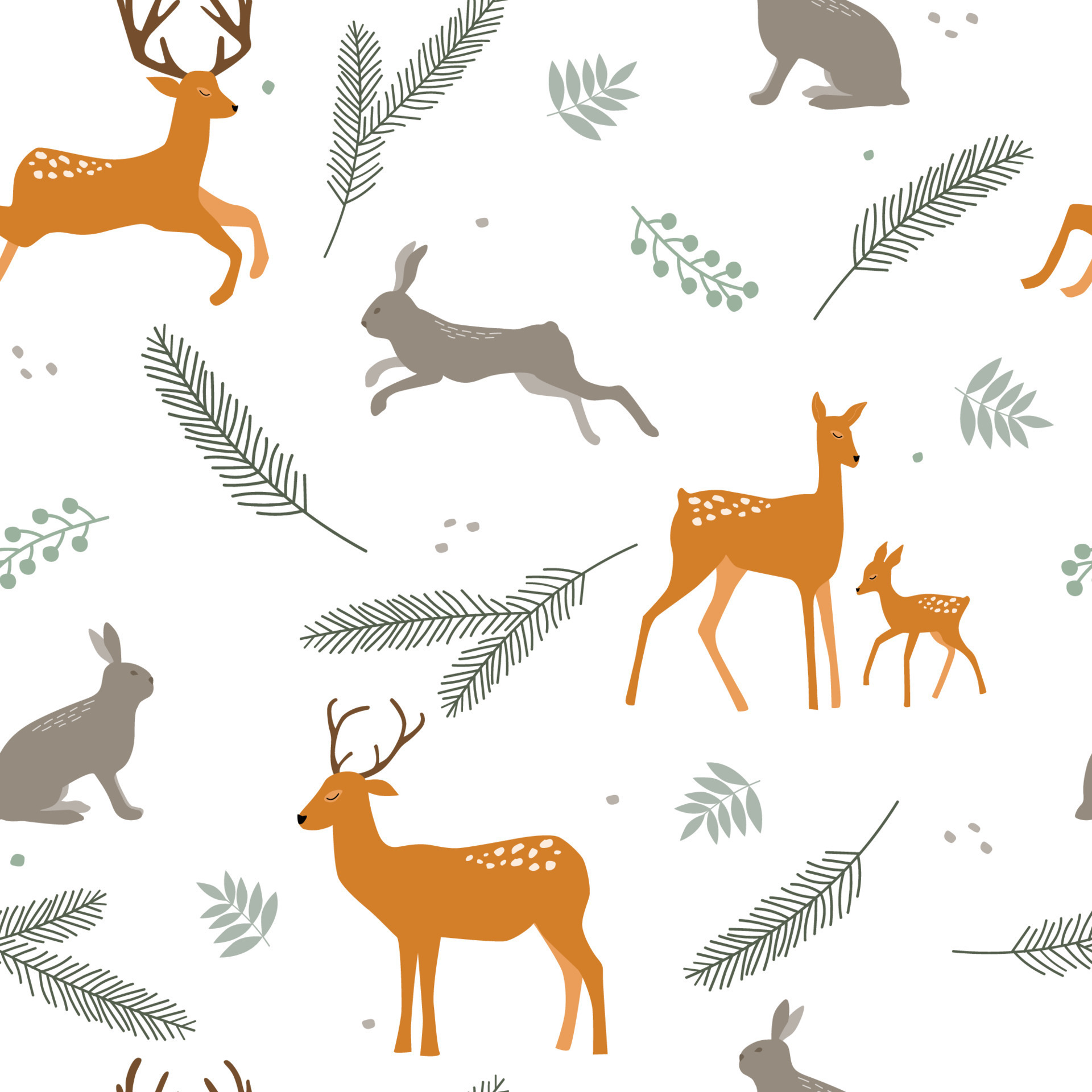 Seamless pattern with summer forest print. Adult deer, fawn, hares ...