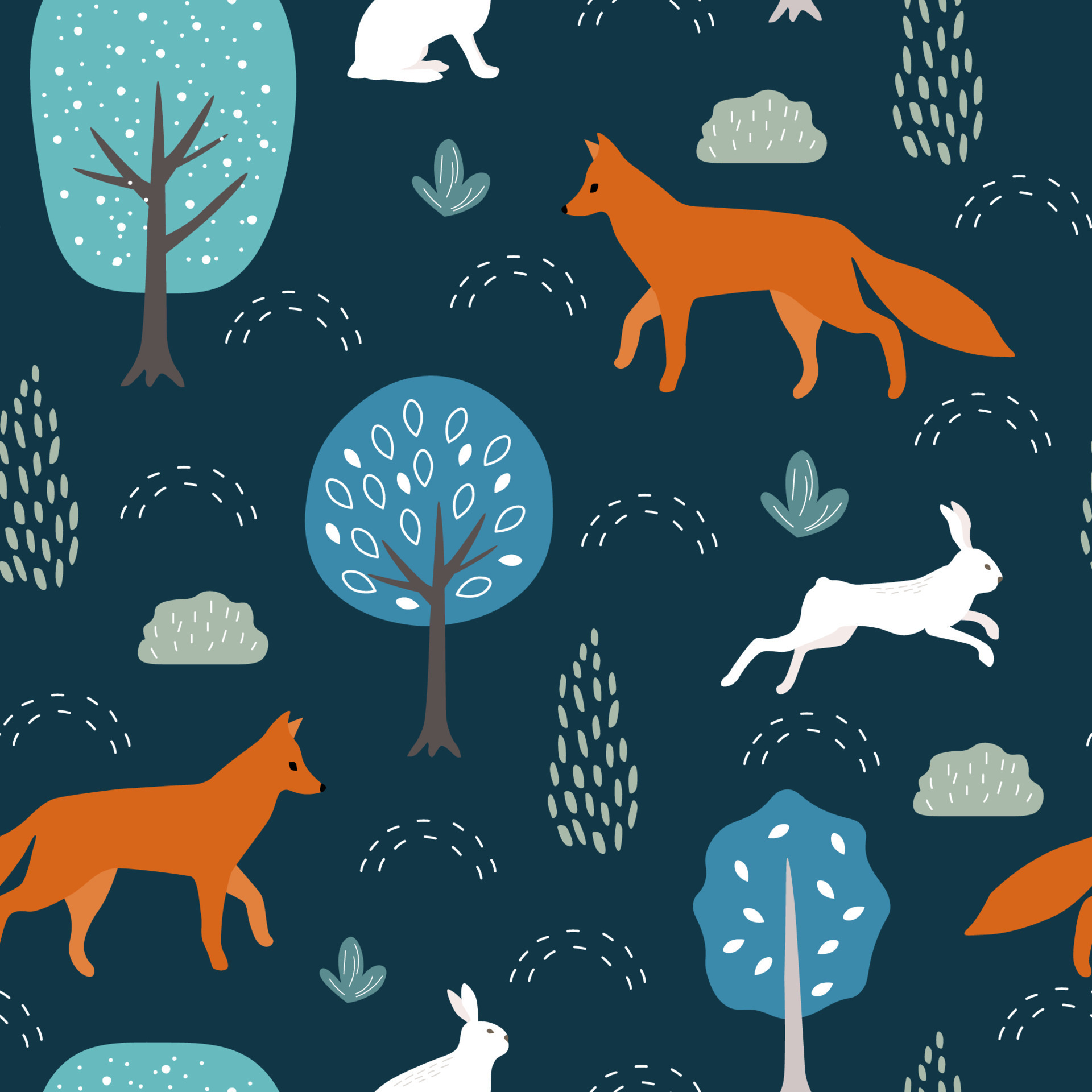 Seamless pattern with a summer forest print. Fox, hares, rabbits among ...
