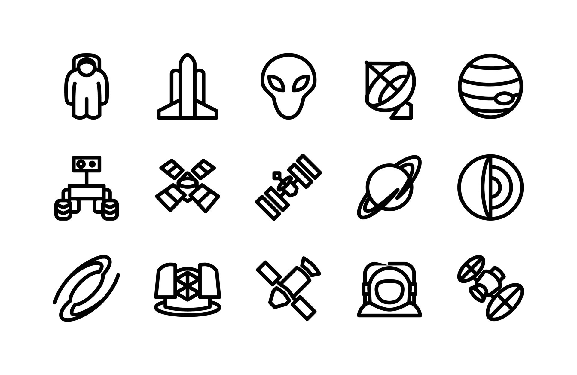 Space Line Icons Including Astronaut Rocket Alien Satellite Jupiter Rover Satellite