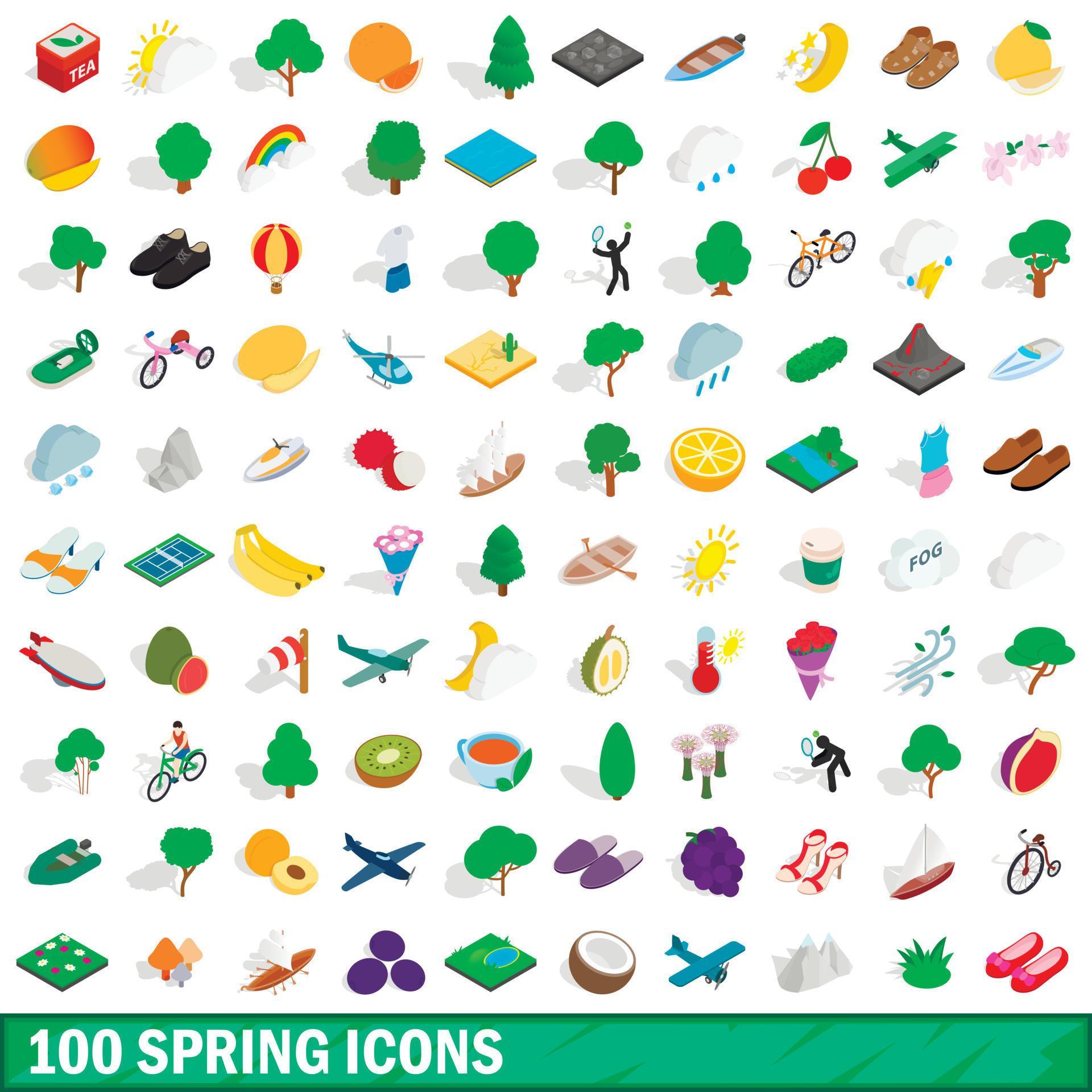 100 spring icons set, isometric 3d style 8252678 Vector Art at Vecteezy