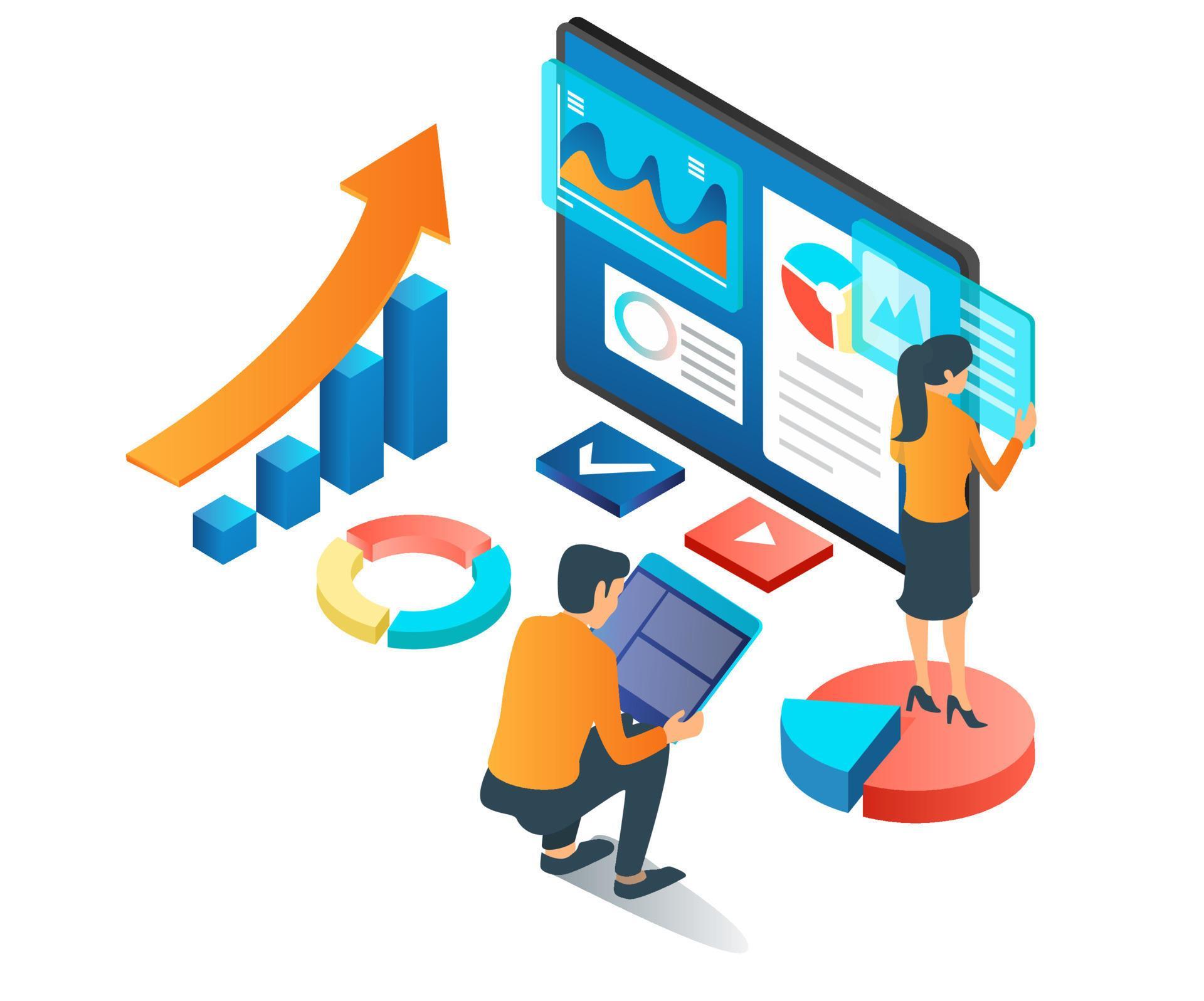 Creative team is compiling business data on monitor 8258616 Vector Art ...