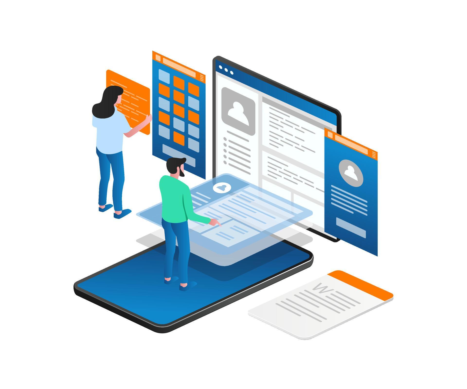 Concept illustration of isometric team is designing a website ...