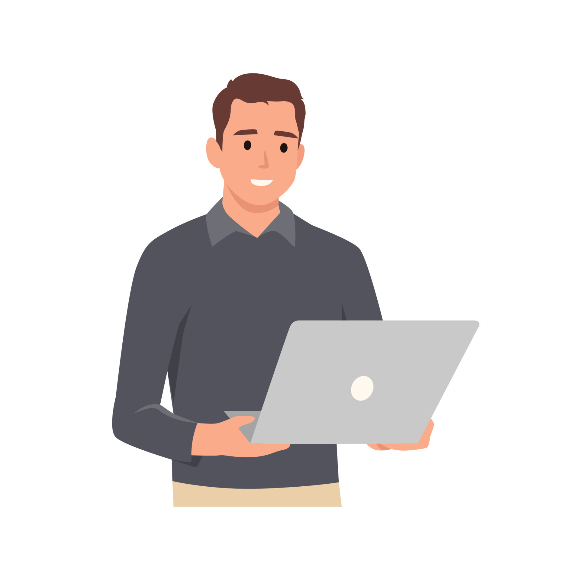 Young man holding or using laptop computer. Laptop computer technology ...