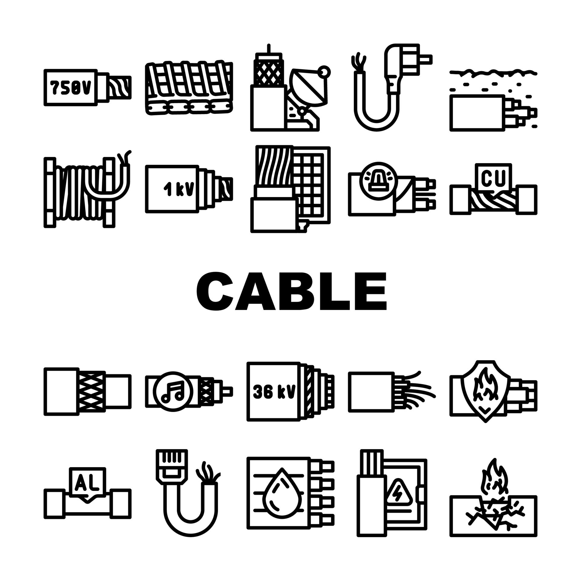 Cable Wire Electrical System Icons Set Vector 8287041 Vector Art At