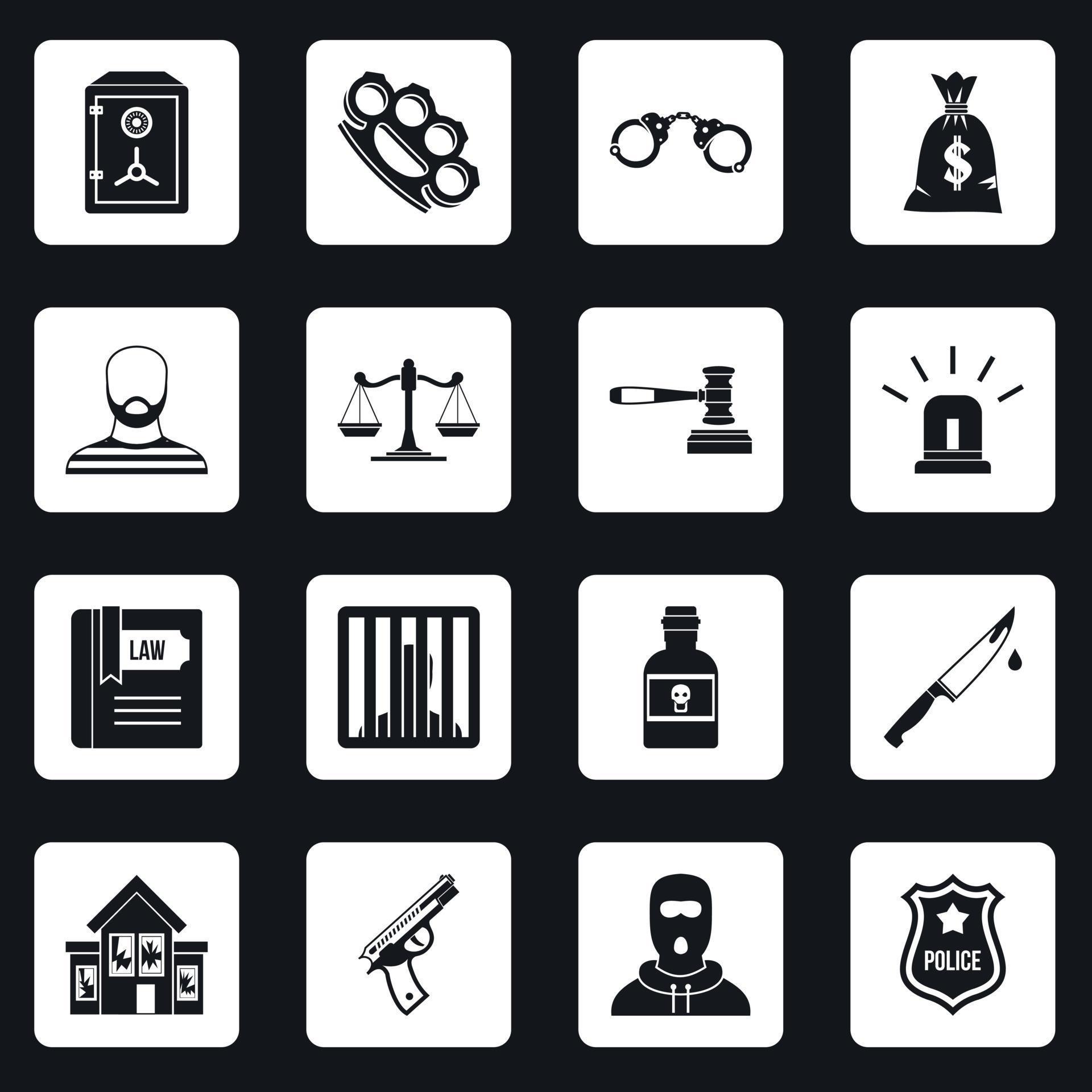 Crime and punishment icons set squares vector 8290717 Vector Art at Vecteezy