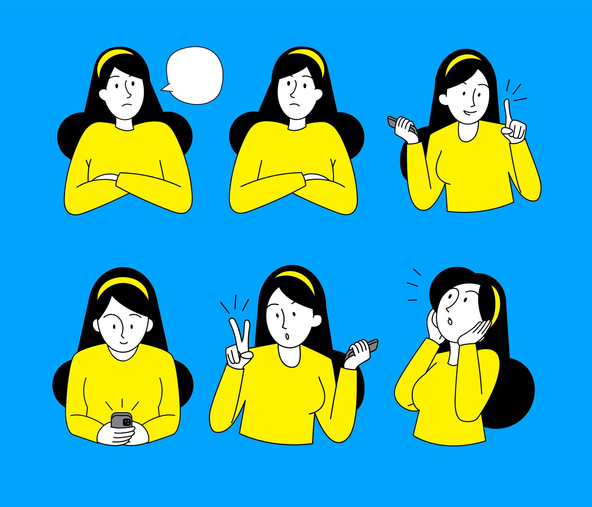 Set of girl in yellow uniform flat illustration. Business woman flat ...