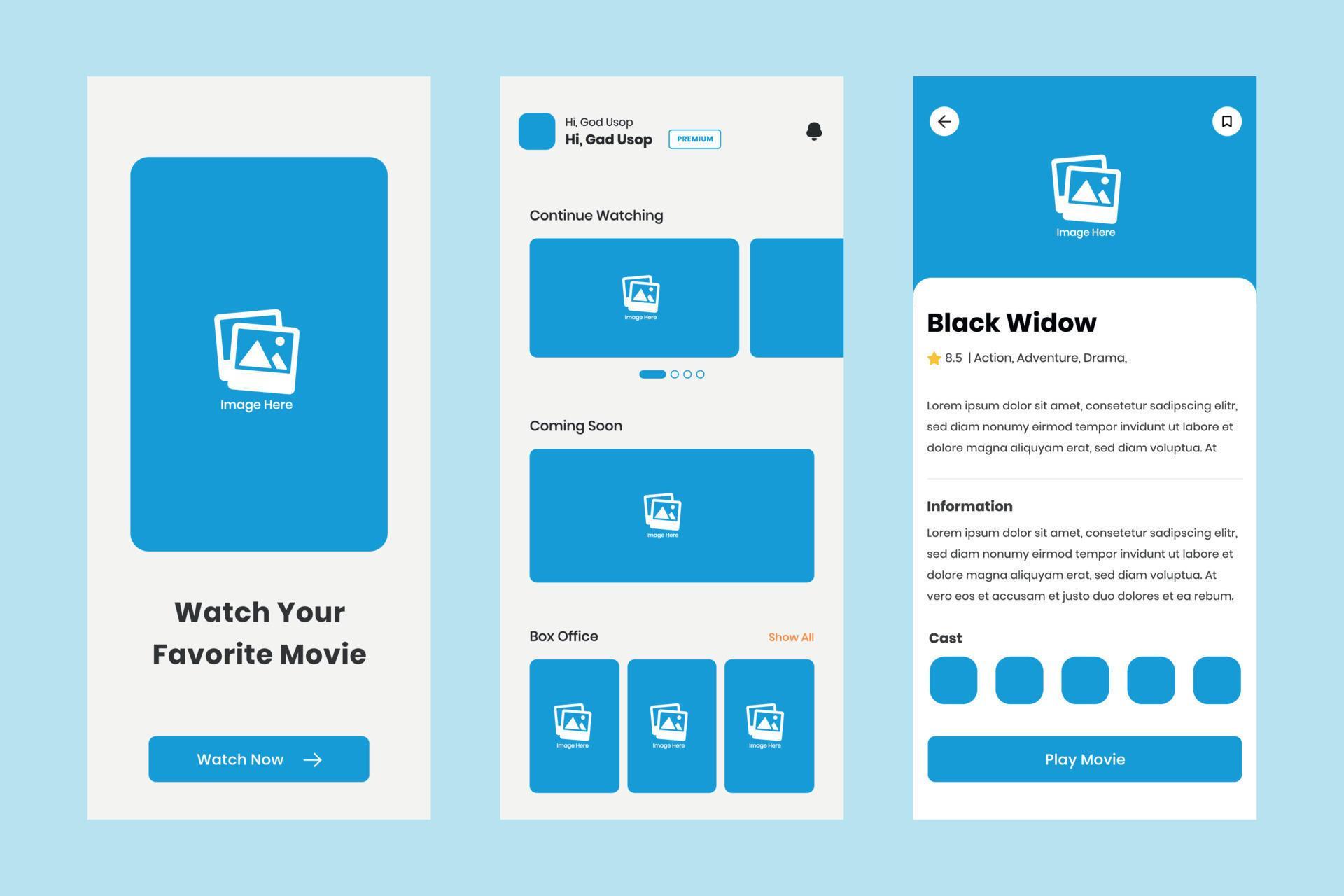 Watch movie ui design template vector. Suitable designing applications for android and IOS ...