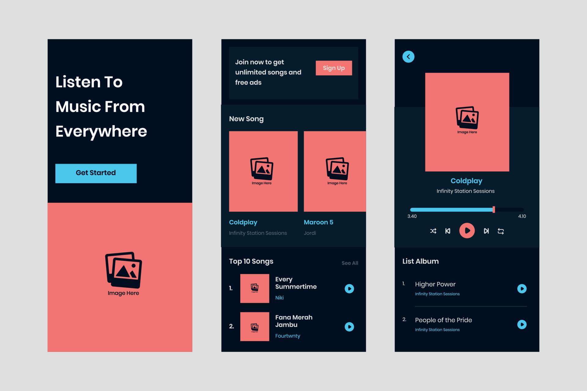 Music online ui design template vector. Suitable designing application for android and IOS ...