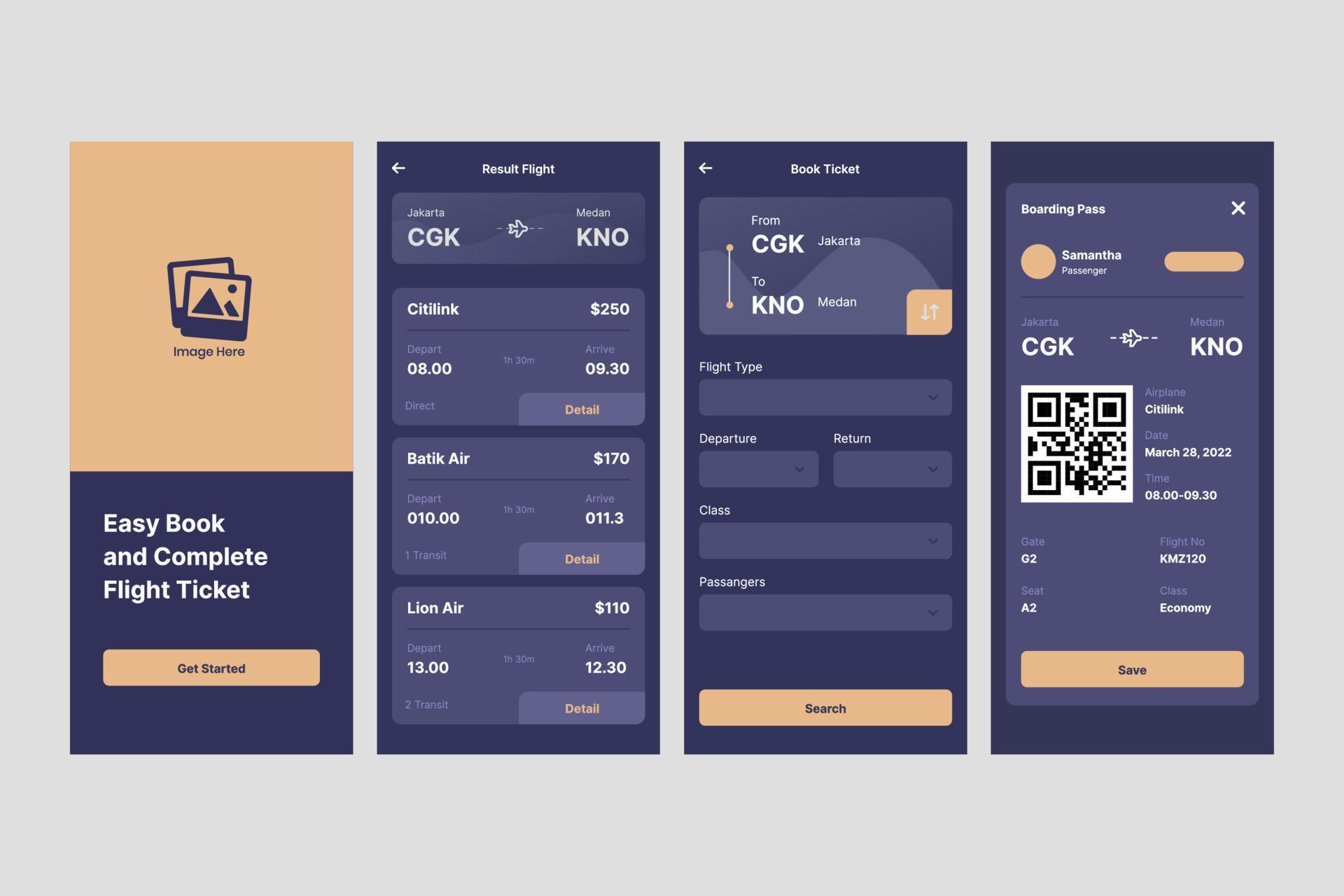 Airlines ticket ui design template vector. Suitable designing application for android and IOS ...