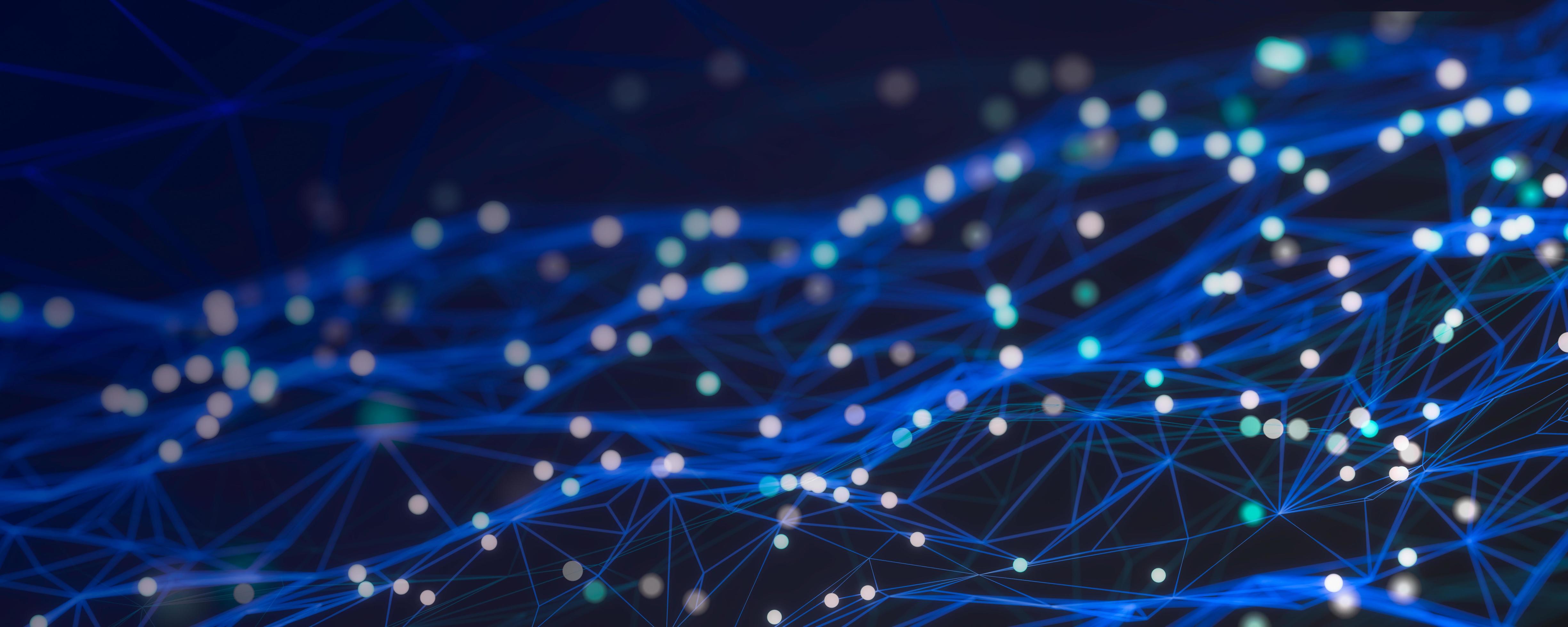 Abstract futuristic connecting dots and lines on dark blue background ...