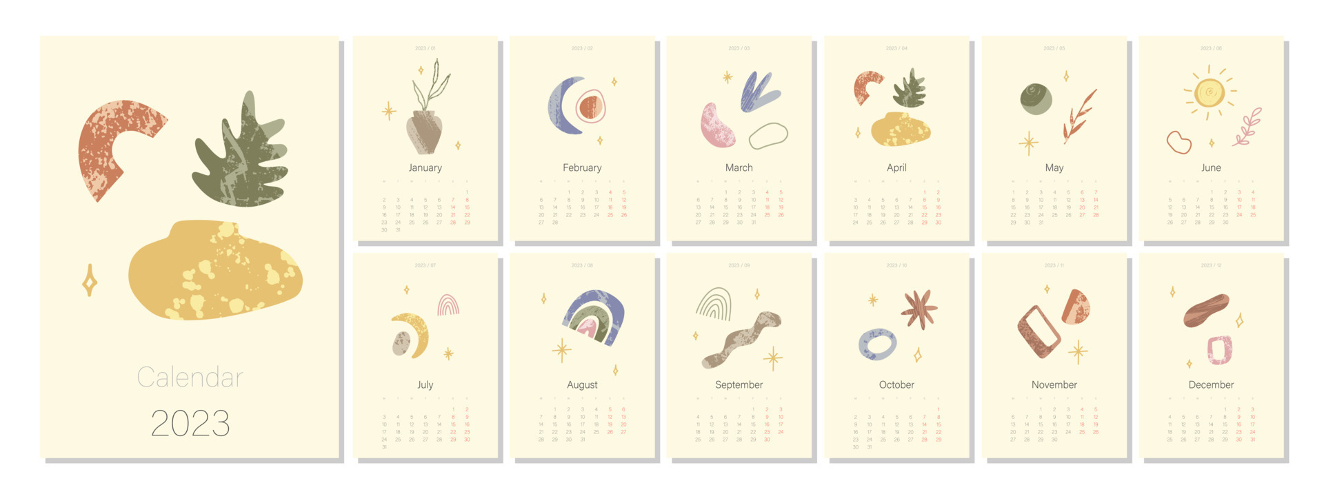 Boho calendar template for 2023. Various shapes in abstract style ...